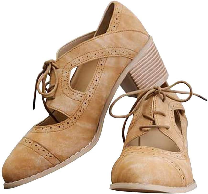 KAQ Oxford Shoes for Women Chunky Heels Brogue Leather Contrast Panel ...