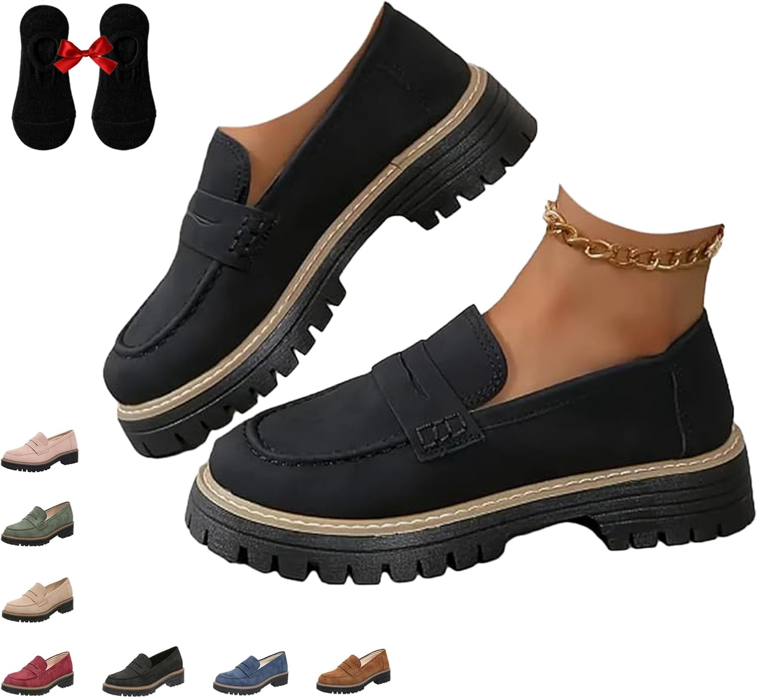 KAQ Platform Loafers, Leather Loafers for Women Comfortable, Chunky Penny Loafers for Women ...