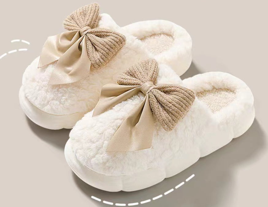 KAQ Plush Cute Bow Slippers for Women – Furry Comfy Indoor Outdoor Non ...