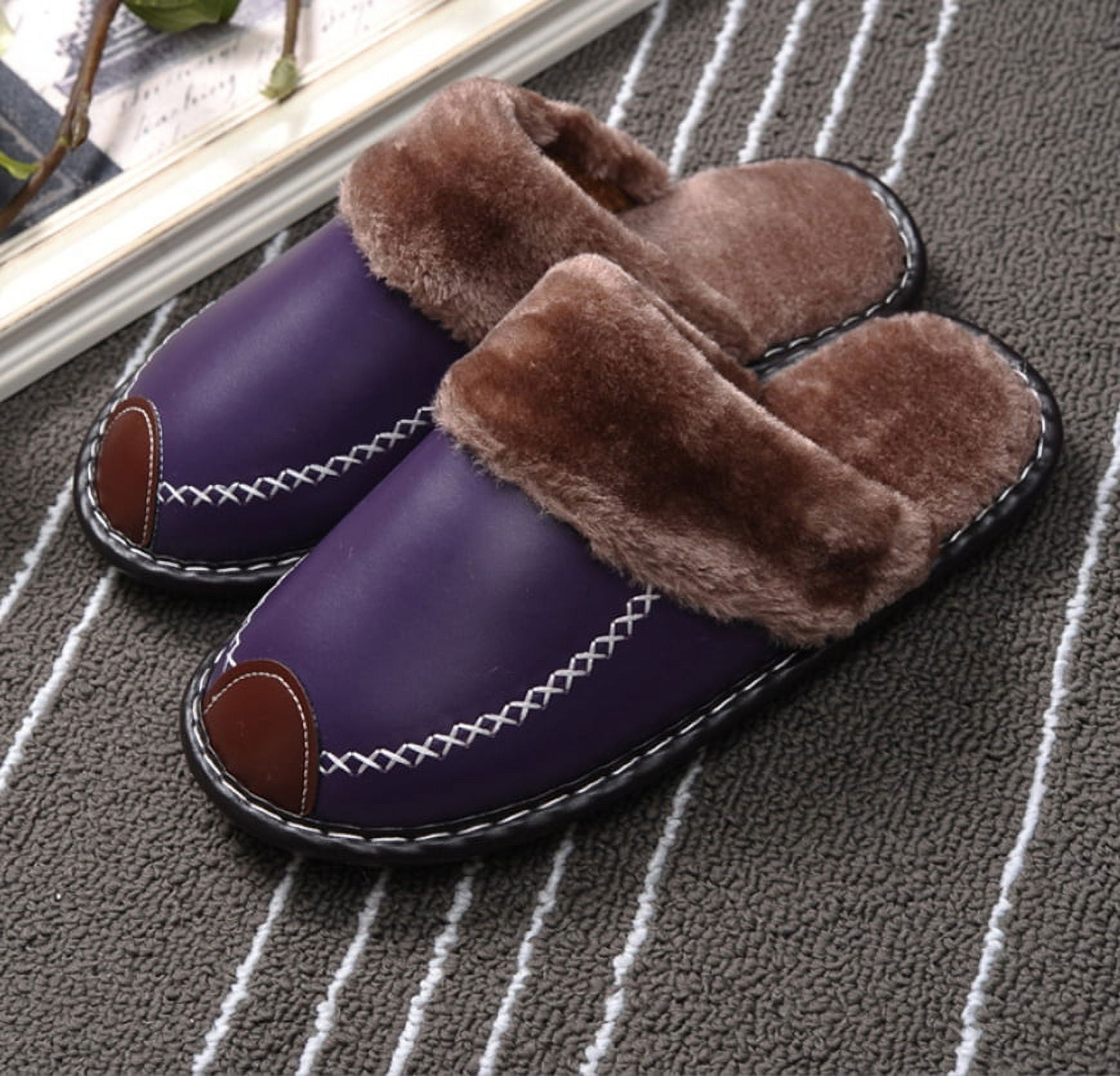 KAQ Slippers House Shoes Plush Lining PU Leather Upper Unisex Men Women ...