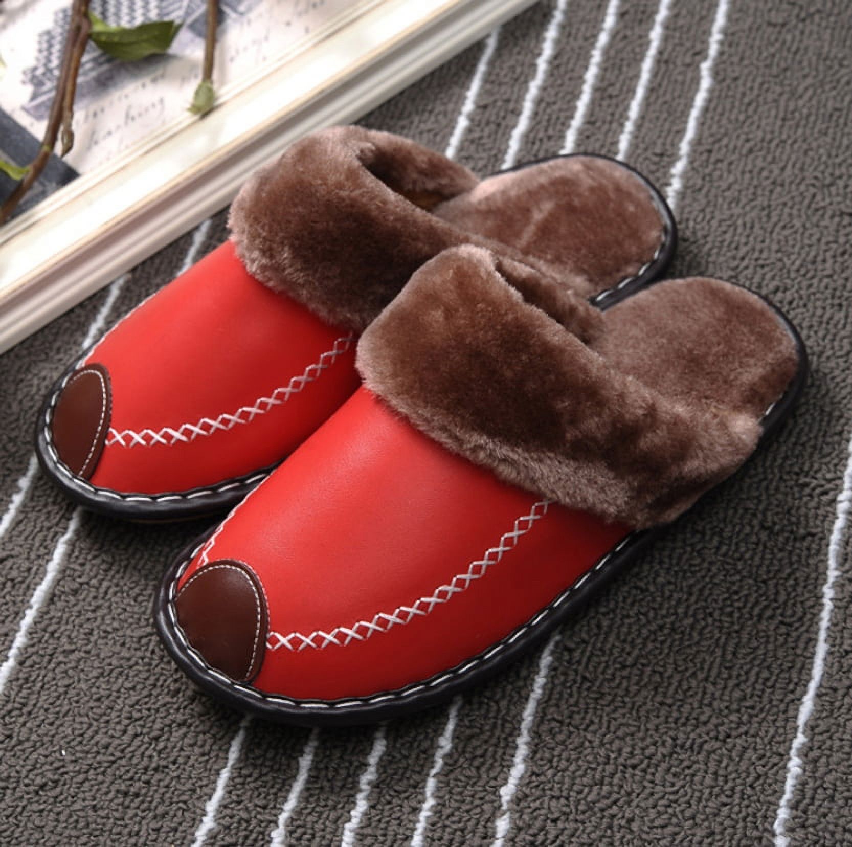 KAQ Slippers House Shoes Plush Lining PU Leather Upper Unisex Men Women ...