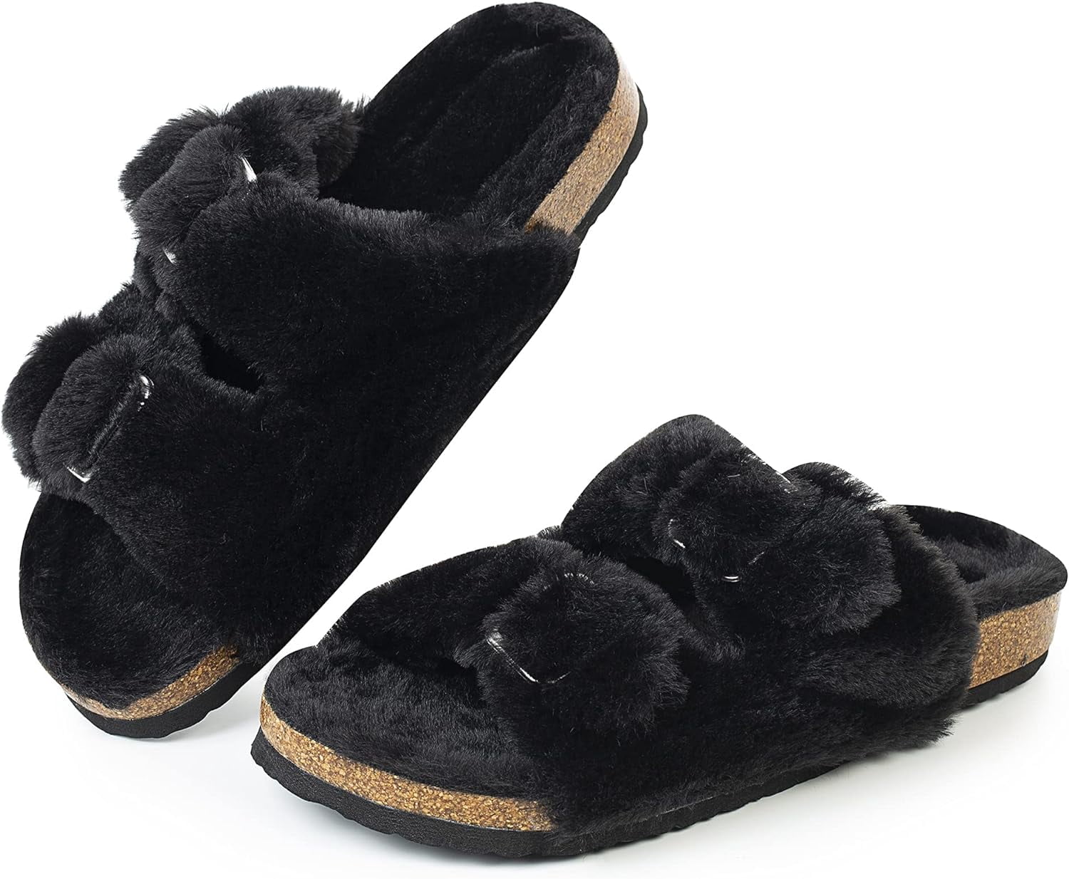 KAQ Womens Open Toe Slipper with Cozy Lining,Faux Rabbit Fur Cork Slide ...