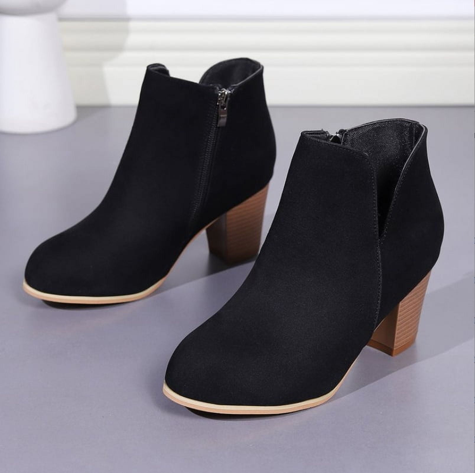 KAQ Womens Pointed Toe Stacked Mid Heel Ankle Boots V Cut Back Zipper ...