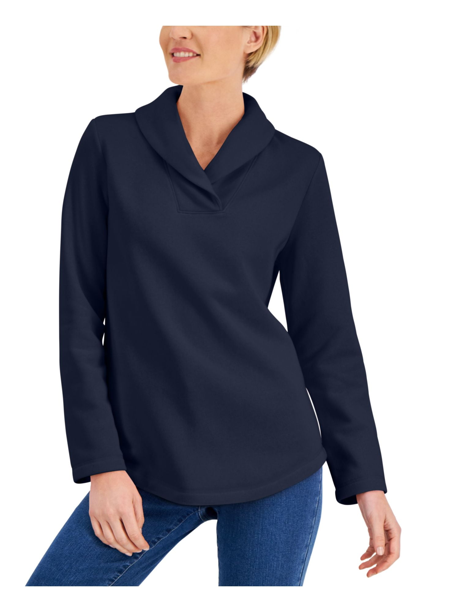KAREN SCOTT SPORT Womens Navy Fleece Long Sleeve Shawl Collar Top S ...