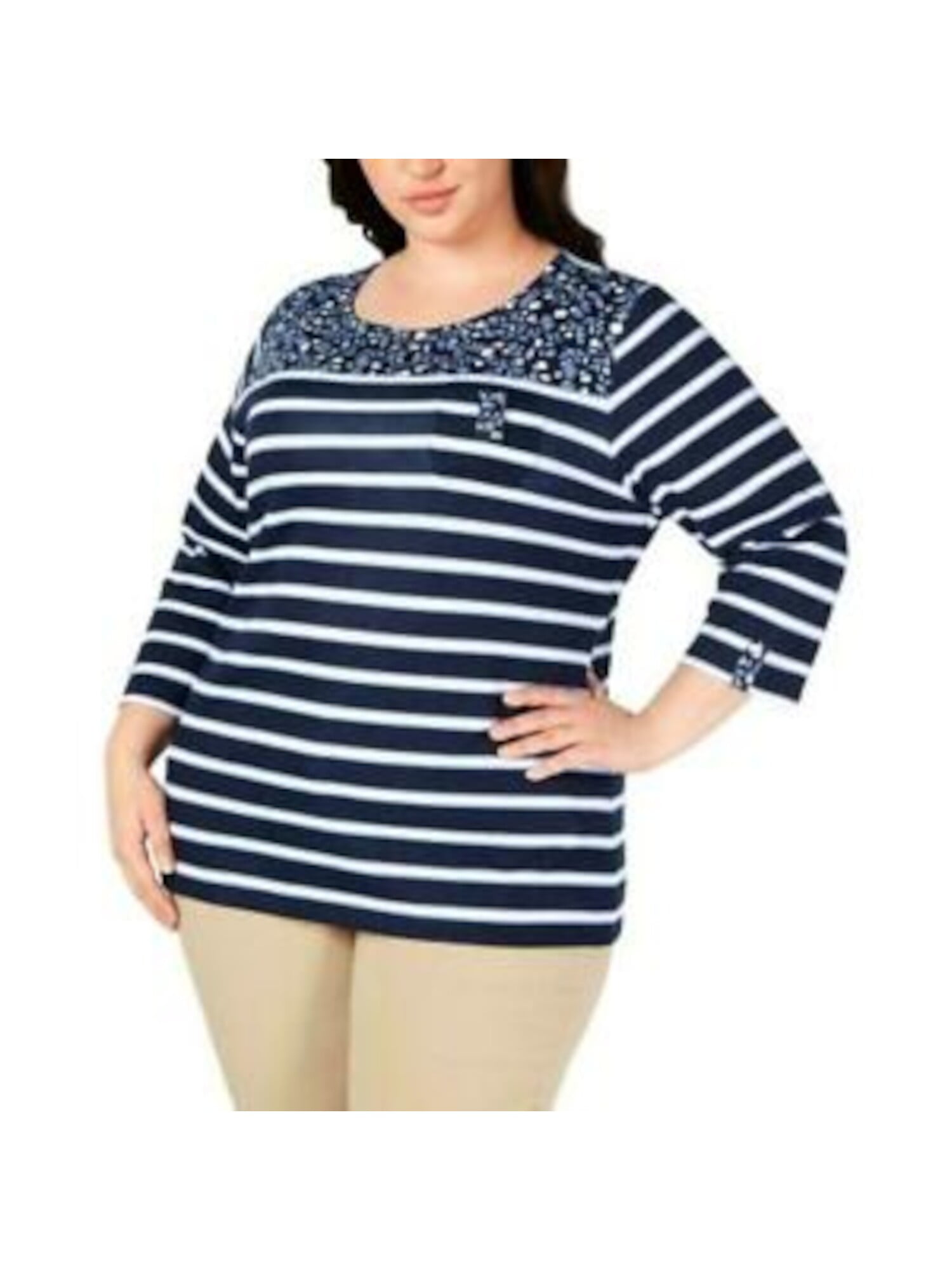 KAREN SCOTT SPORT Womens Navy Striped 3/4 Sleeve Jewel Neck Top Plus 2X ...
