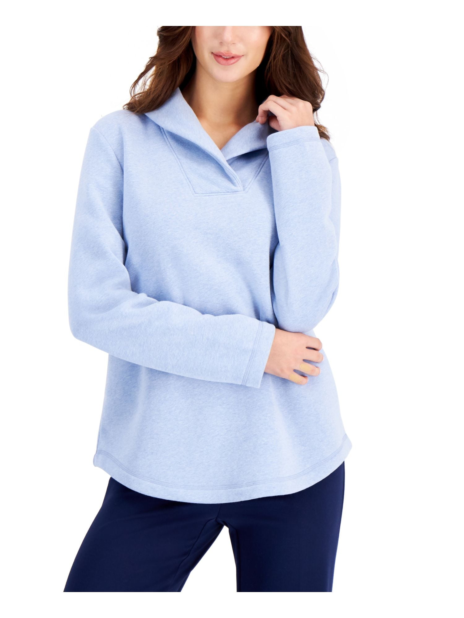 KAREN SCOTT Womens Light Blue Fleece Long Sleeve Shawl Collar Top L ...
