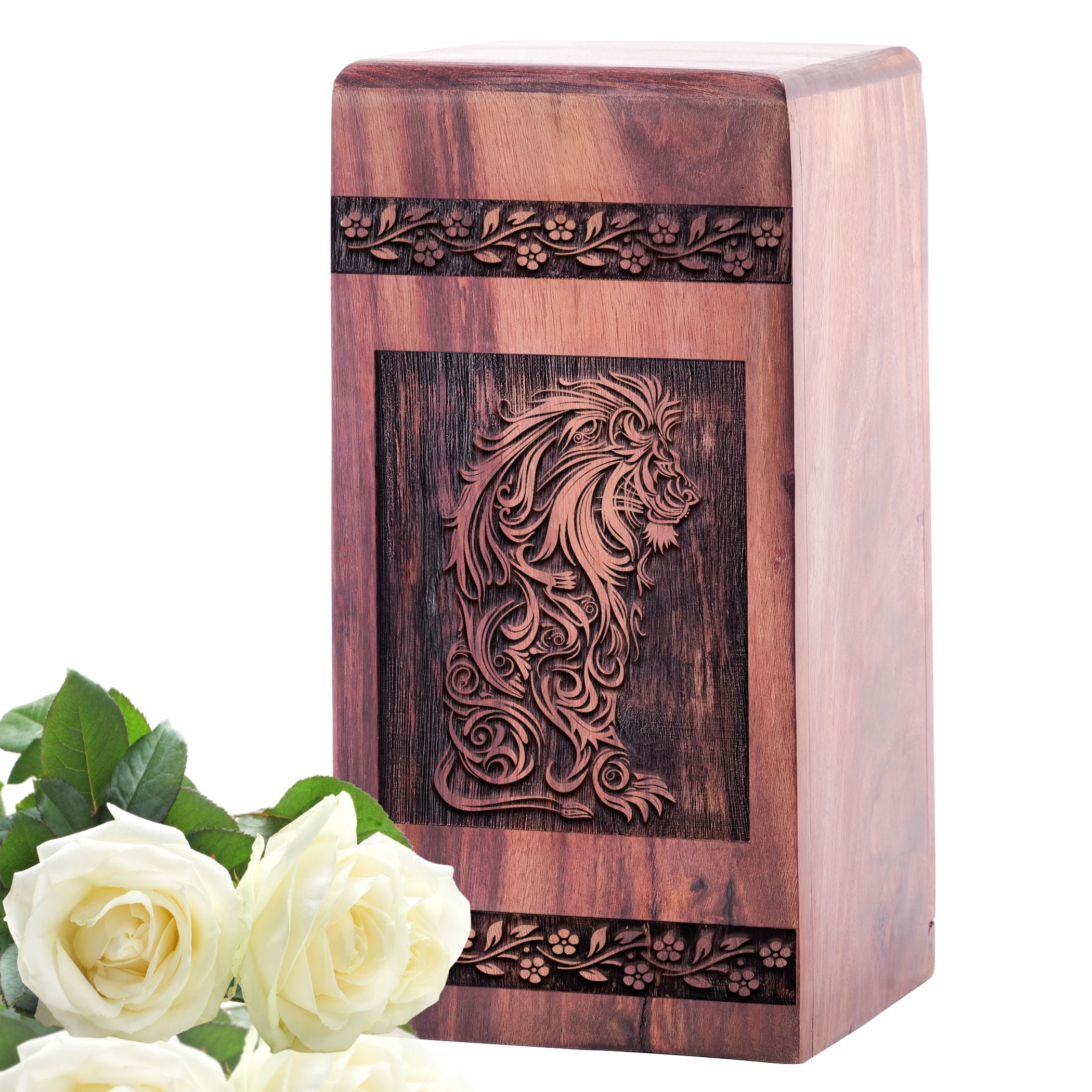 KARYLIZ Lion Wood Carved Urn Dignified Rest Cremation Urn - Big Wooden ...
