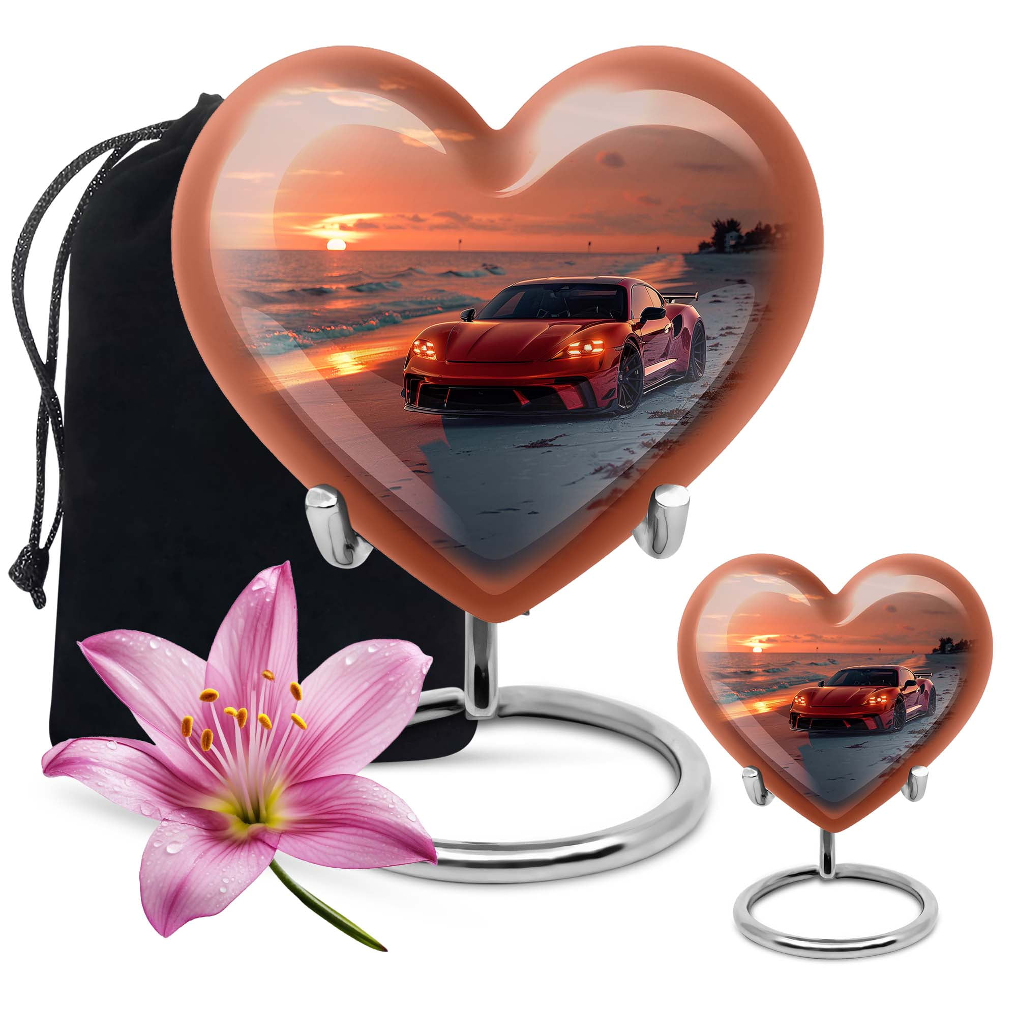 KARYLIZ Red Car on Ocean Beach & Sunset Heart Cremation Urn - Urn For ...