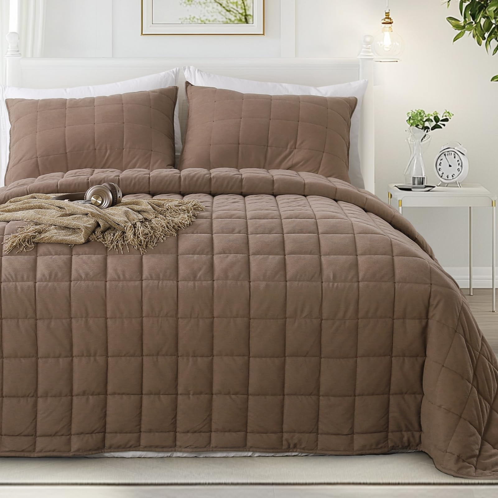 KASENTEX Twin Size Quilt Set - 3 Piece Brown Corduroy Bedspread with ...