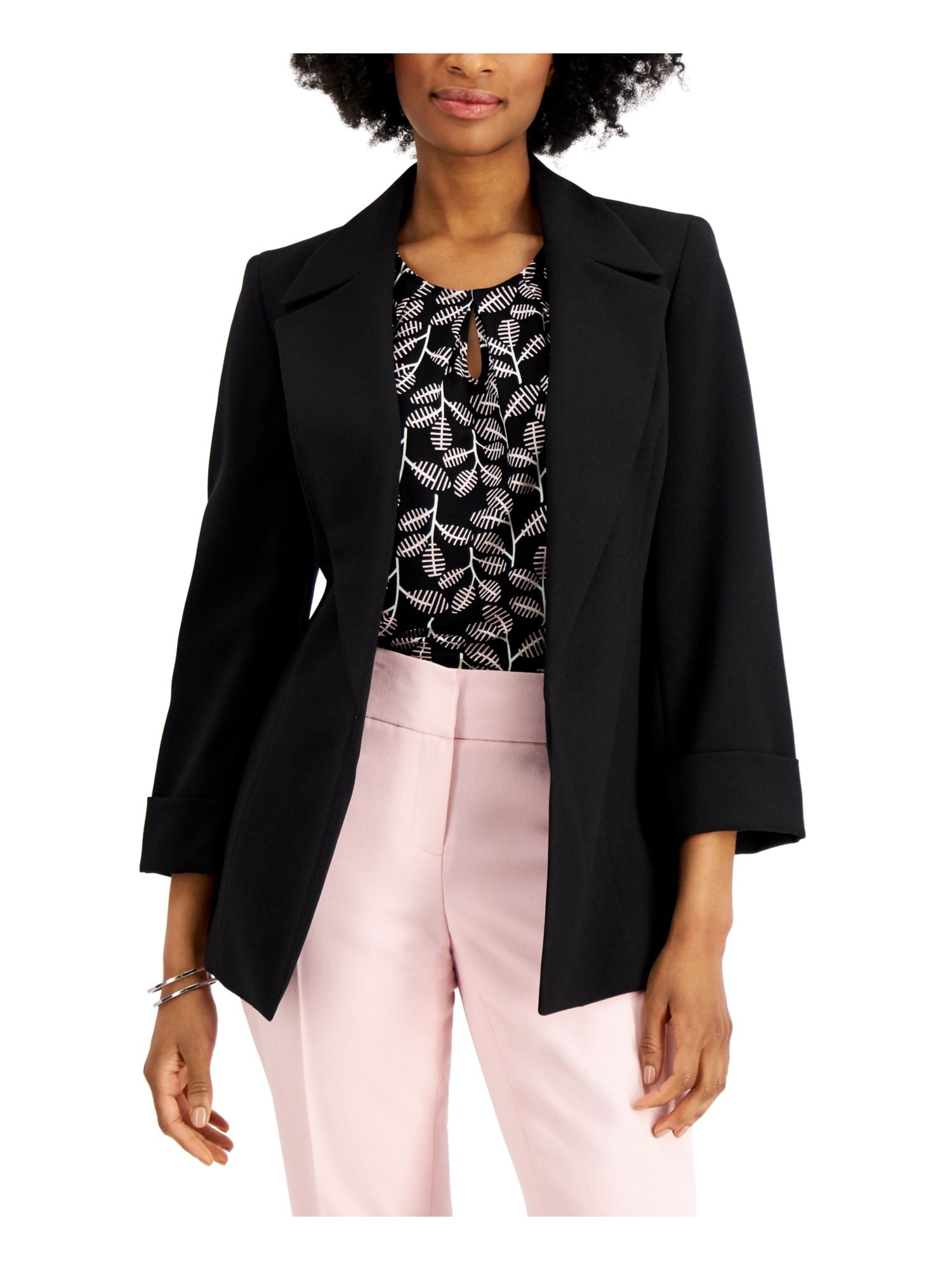 KASPER Womens Black Stretch Open Front Notched Collar Lined Wear To Work Blazer Jacket XS ...