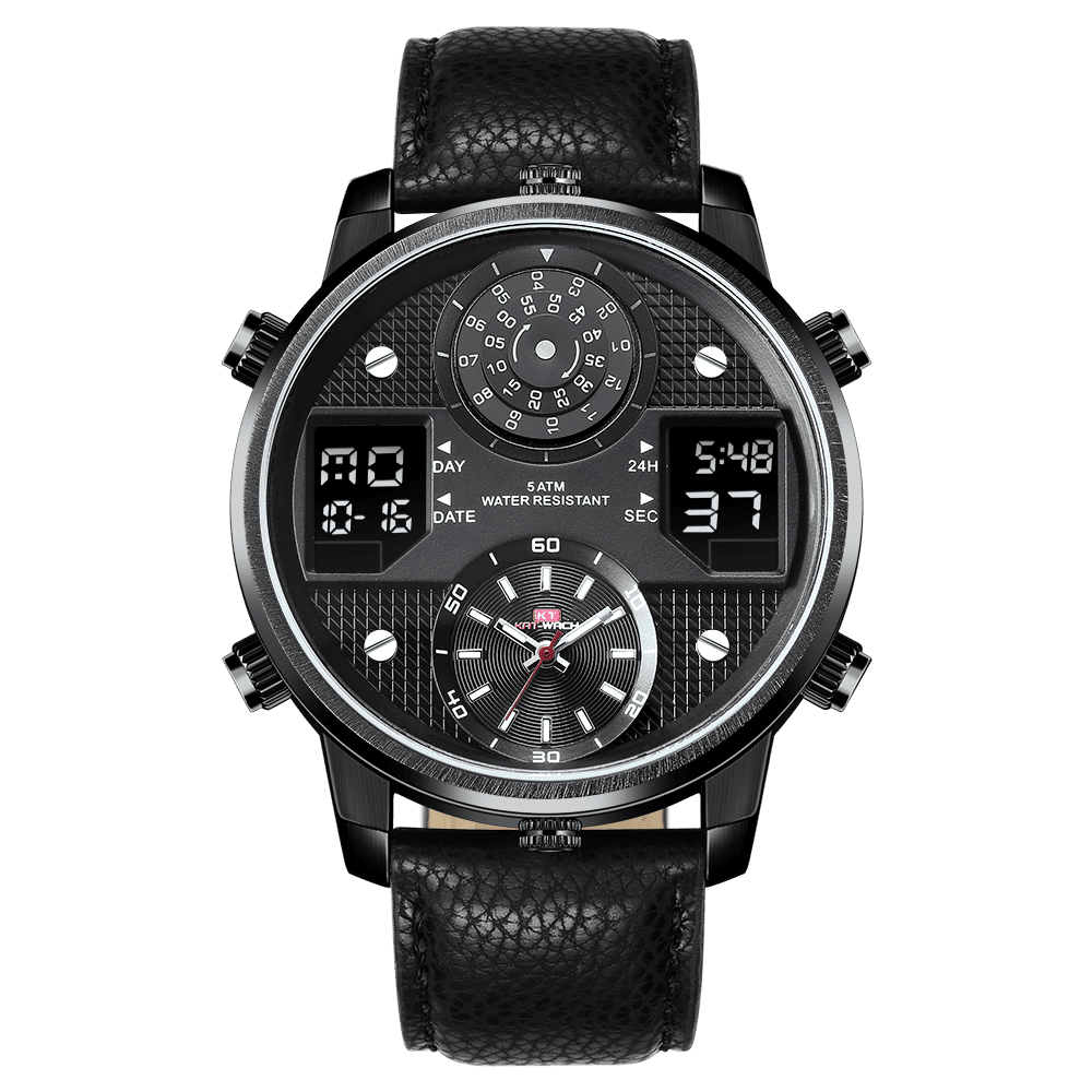 KAT-WACH Multi-function waterproof leather strap Men's Watch Dual Time ...