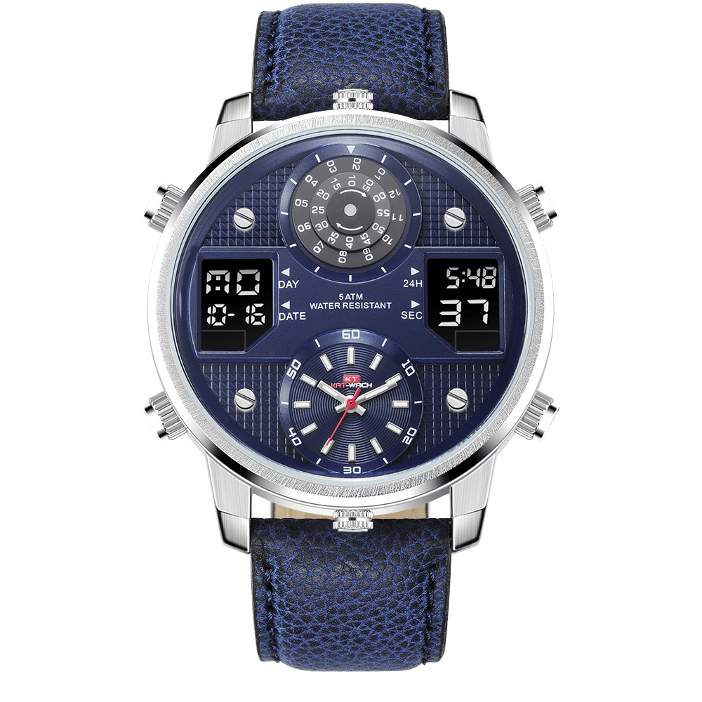 KAT-WACH Multi-function waterproof leather strap Men's Watch Dual Time ...