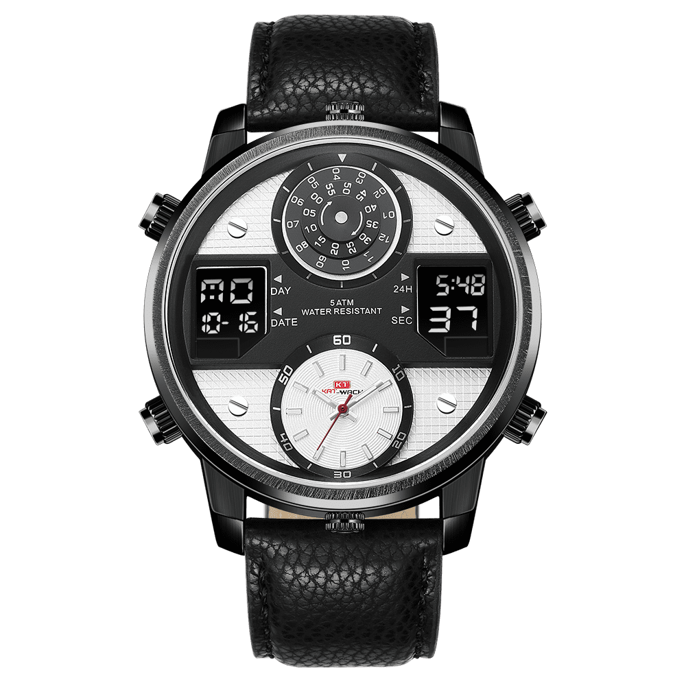 KAT-WACH Multi-function waterproof leather strap Men's Watch Dual Time ...