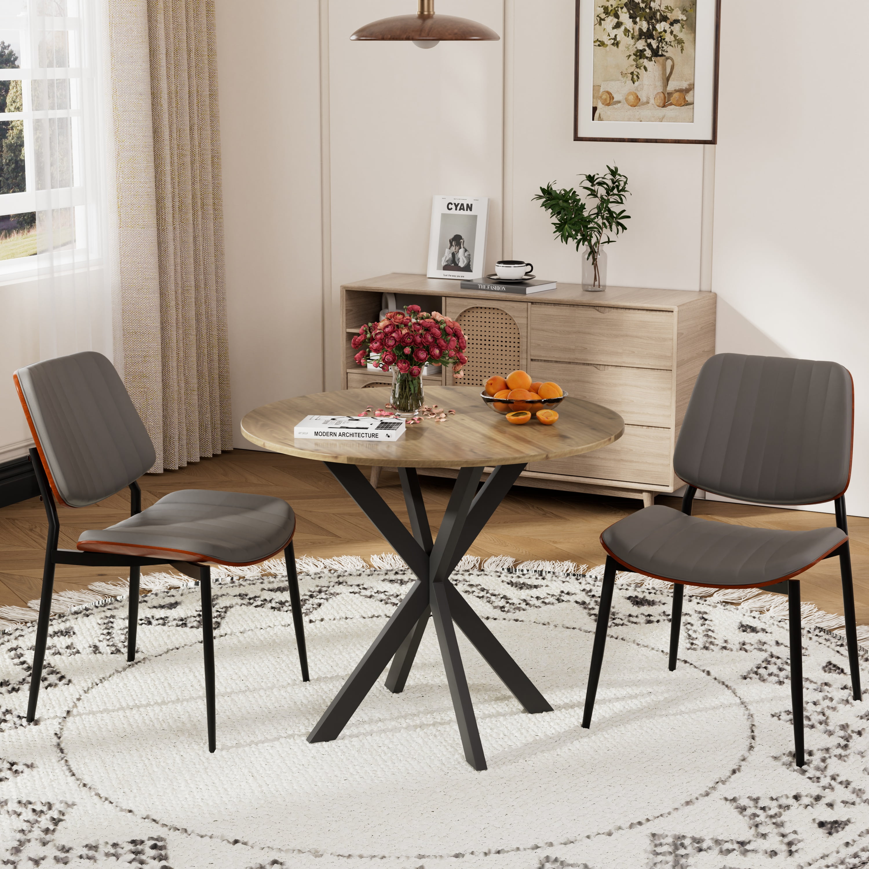 KATBOC 31.5in Round Dining Table Set for 2, 1 Dining Table with 2 PU ...