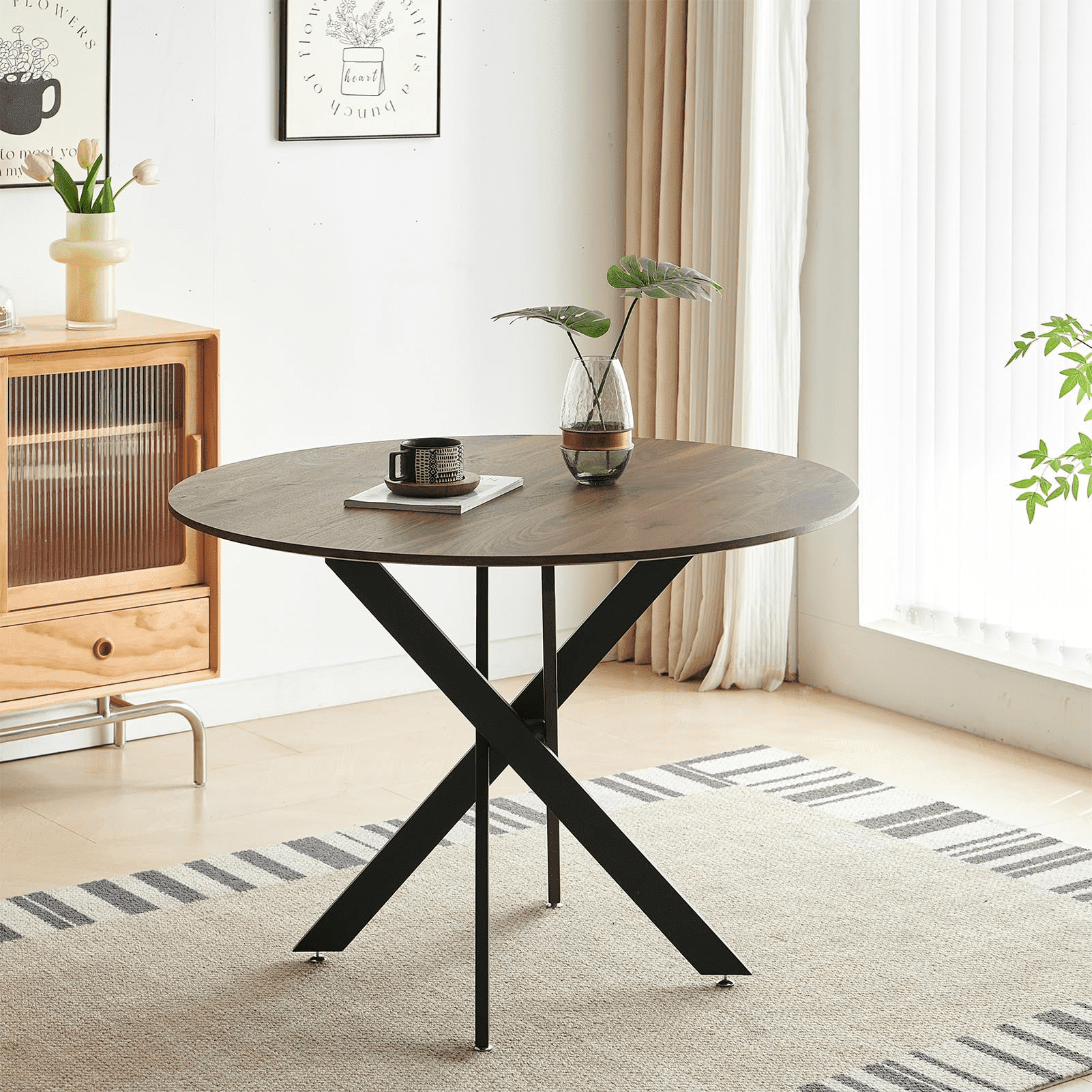 KATBOC 35.4in Round Dining Table, Modern MDF Top with Industrial Cross ...