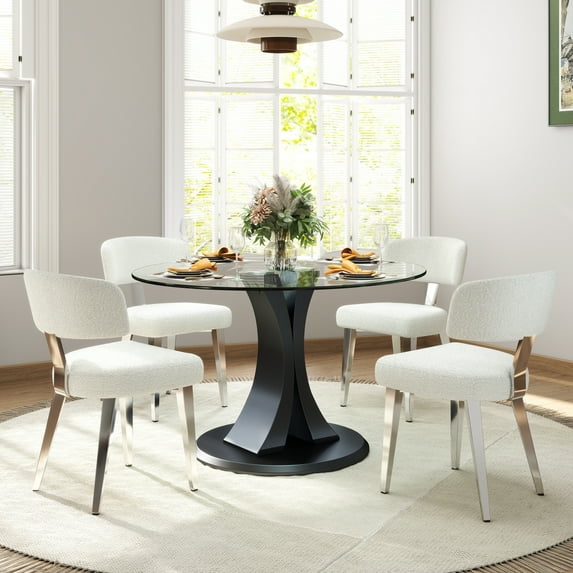 KATBOC 39.2in Round Dining Table Set with 4 Velvet Chairs, Tempered ...