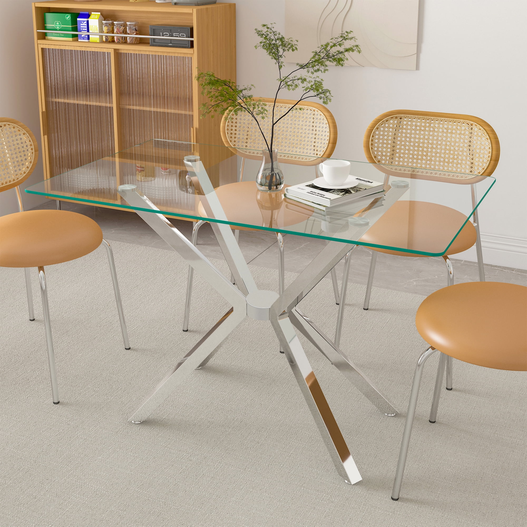 KATBOC 47.24in Rangular Tempered Glass Dining Table, Metal Legs Modern ...