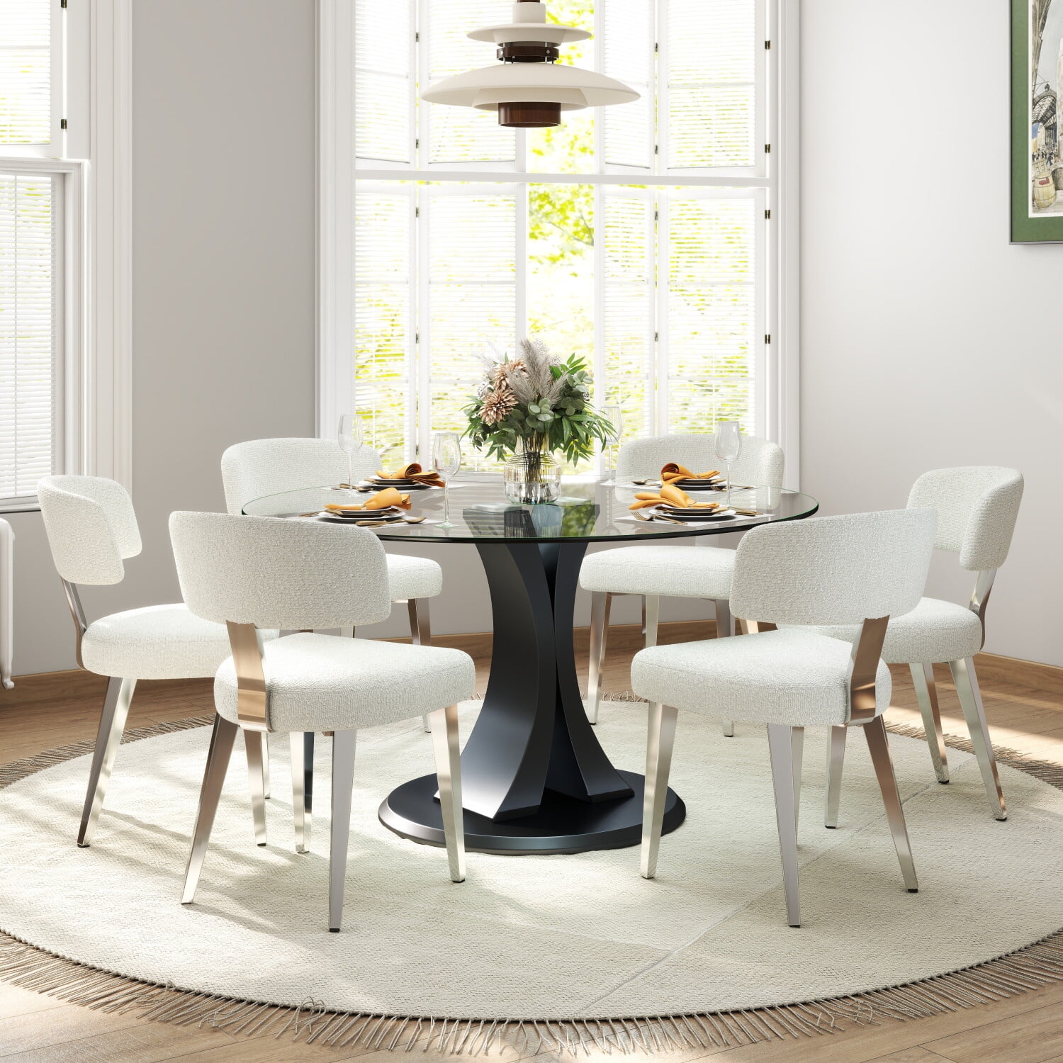 KATBOC 47.2in Round Dining Table Set with 6 Velvet Chairs, Tempered ...