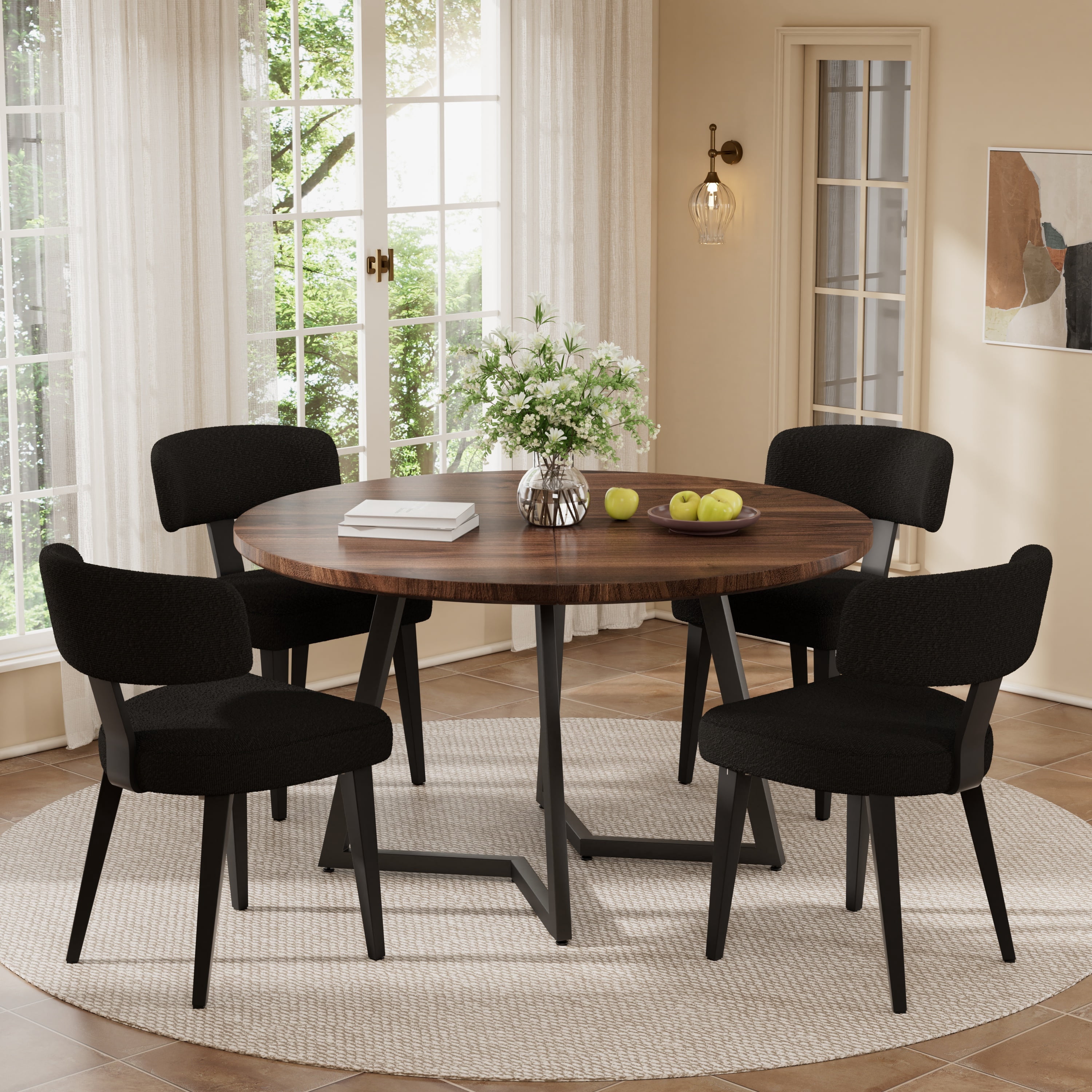 KATBOC 47in Round Dining Table Set with 4 Boucle Chairs, Solid Walnut ...