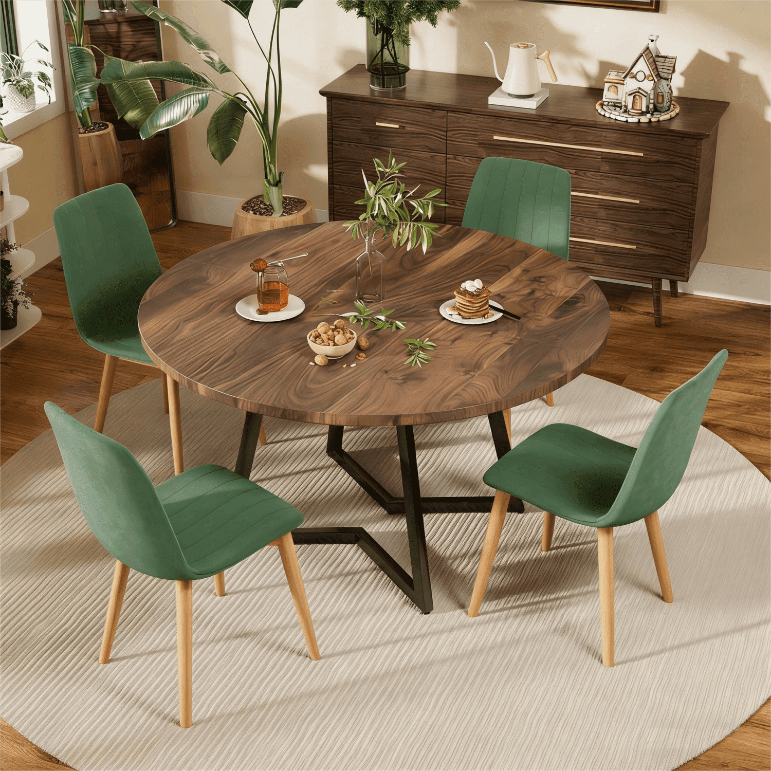 KATBOC 47in Round Dining Table Set with 4 Boucle Chairs, Solid Walnut ...
