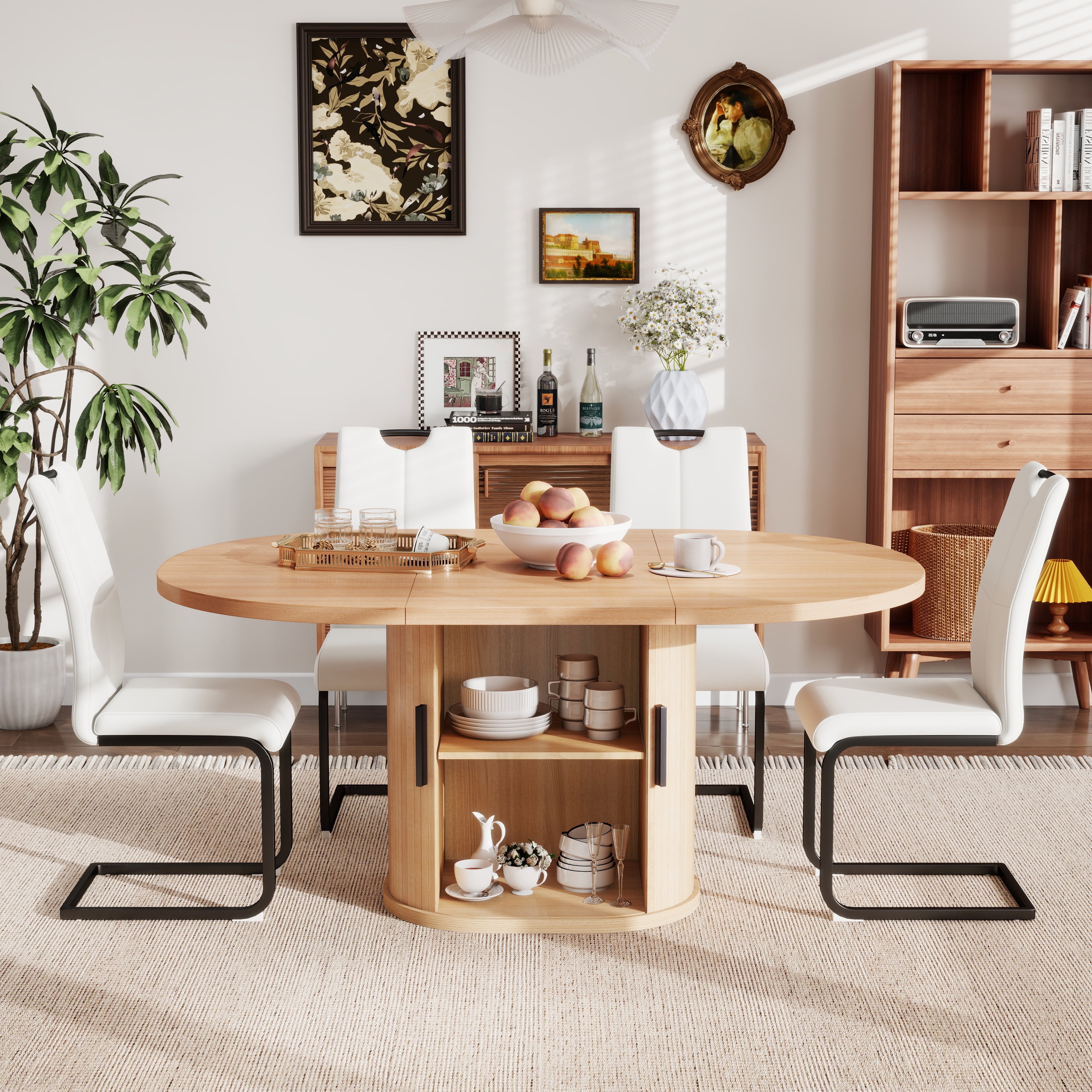 KATBOC 5-Piece Farmhouse Dining Set, 59in Oval Table with Storage Shelf ...