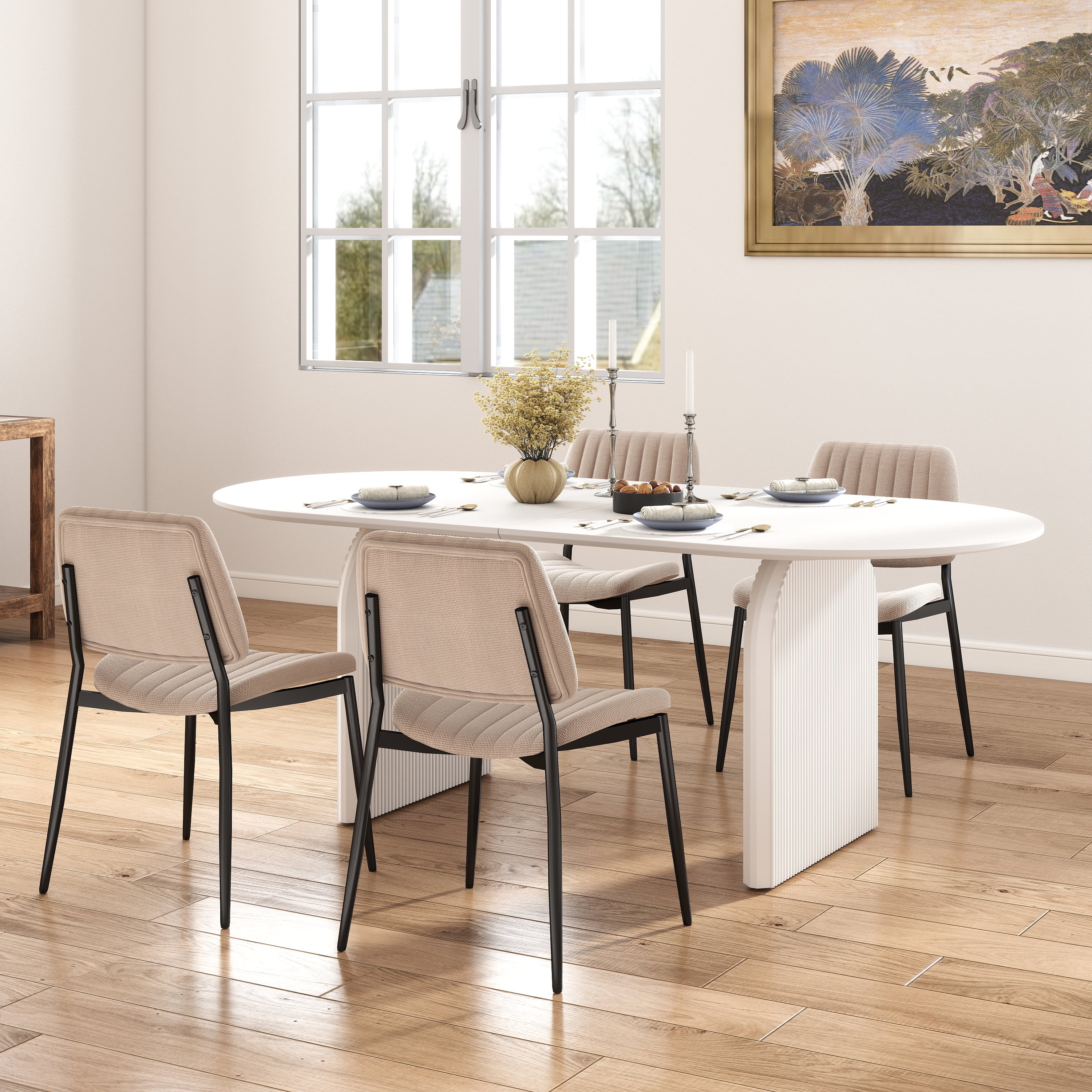 KATBOC 70in Modern Retro Dining Table Set with 4 Linen Chairs, MDF ...