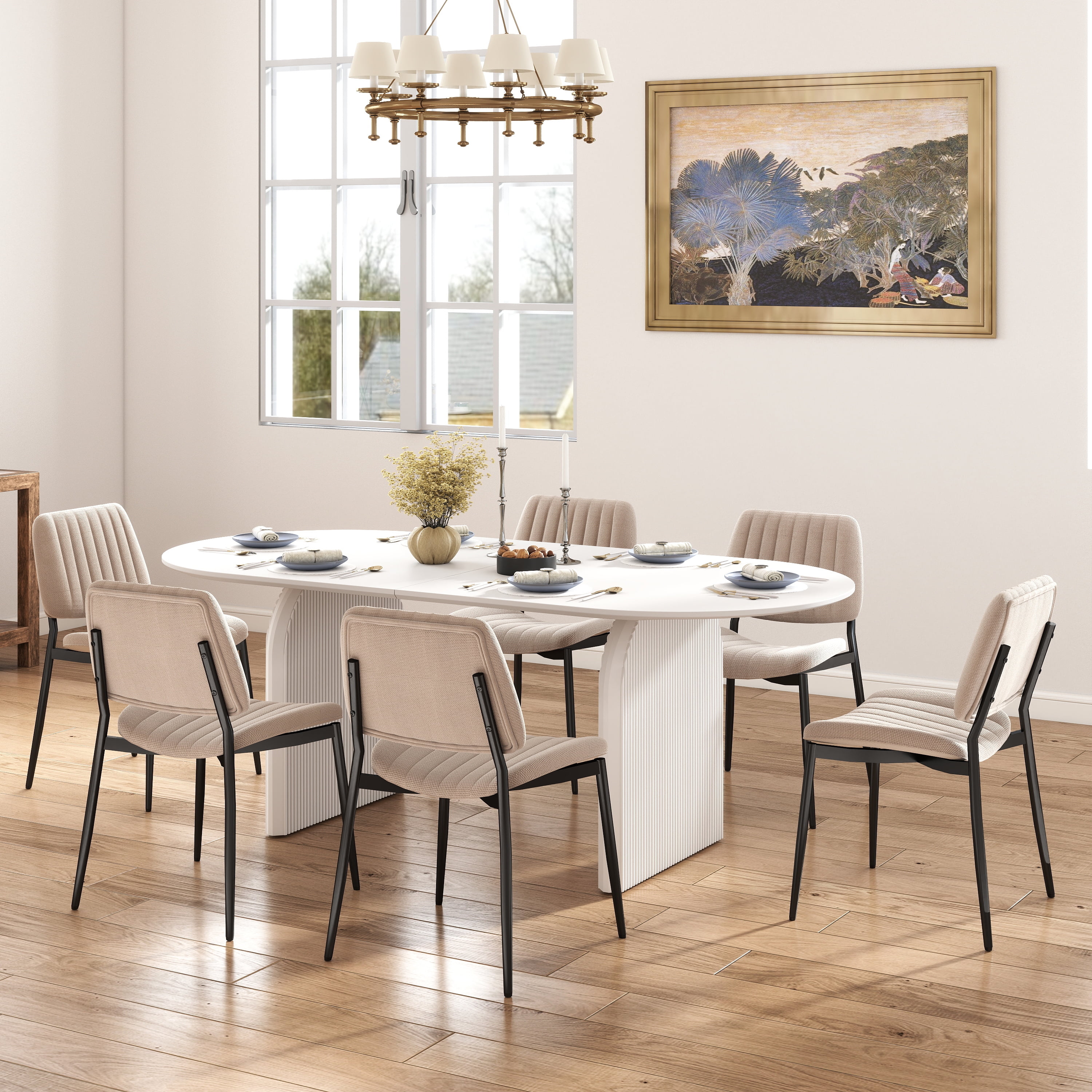 KATBOC 70in Modern Retro Dining Table Set with 6 Linen Chairs, MDF ...