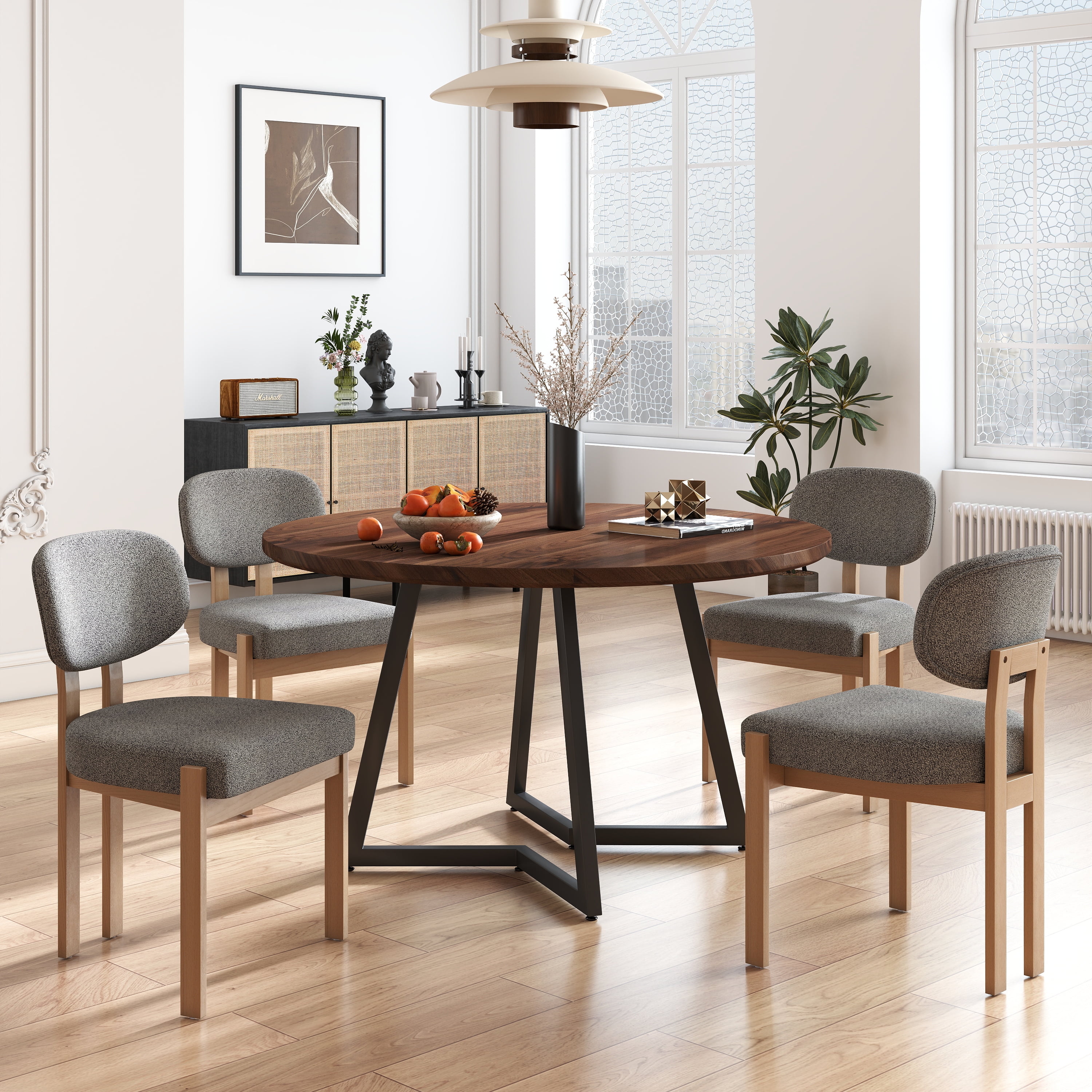 KATBOC Dining Table and Chairs Set, 47in Round Solid Walnut Table with ...