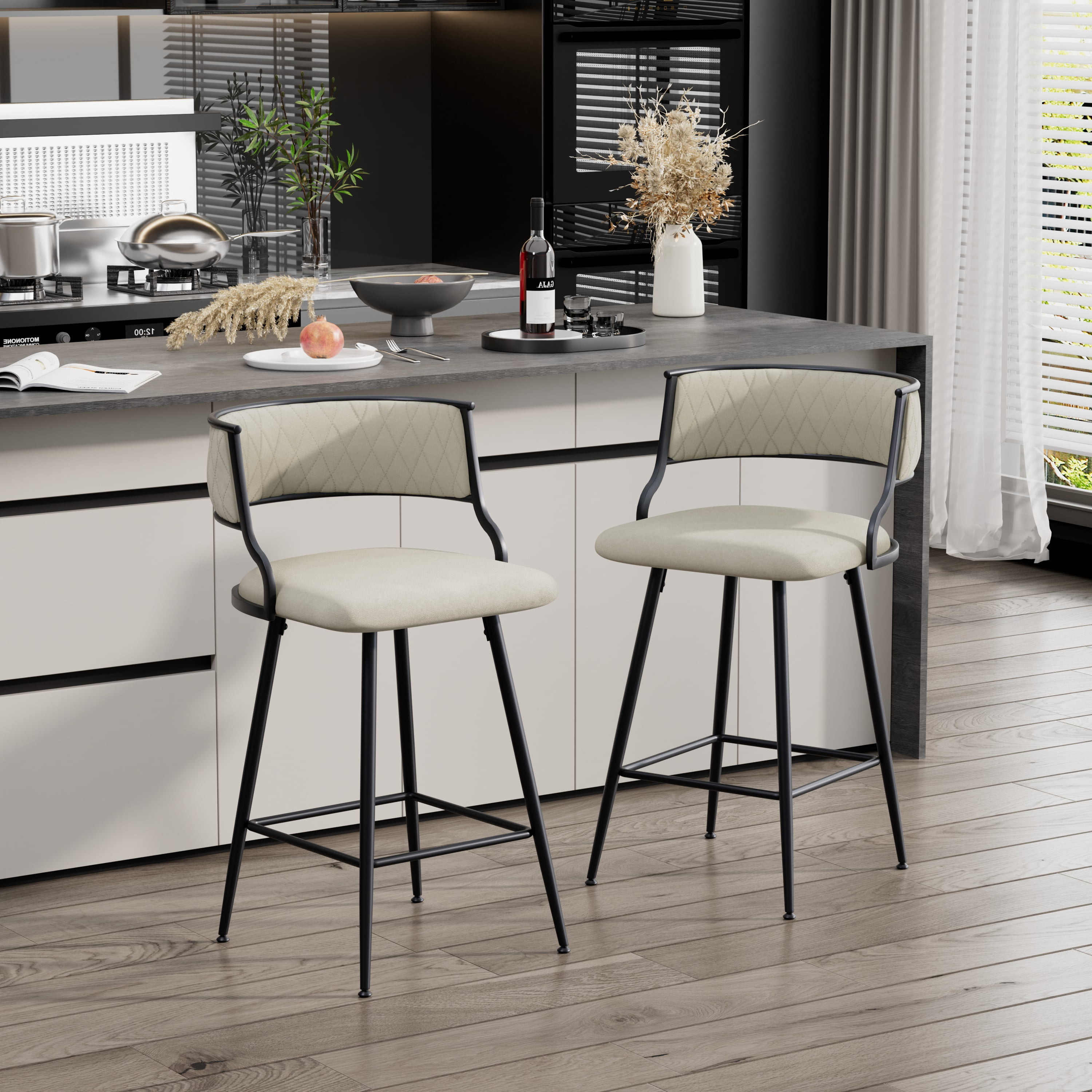 KATBOC Height Bar Stools Set of 2, PU Upholstered Stools Modern Design ...