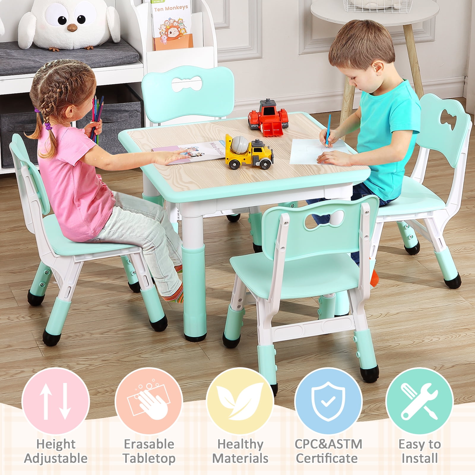 KATIDAP Kids Table and 4 Chairs Set, Height Adjustable Toddler Table and Chair Set, Graffiti ...