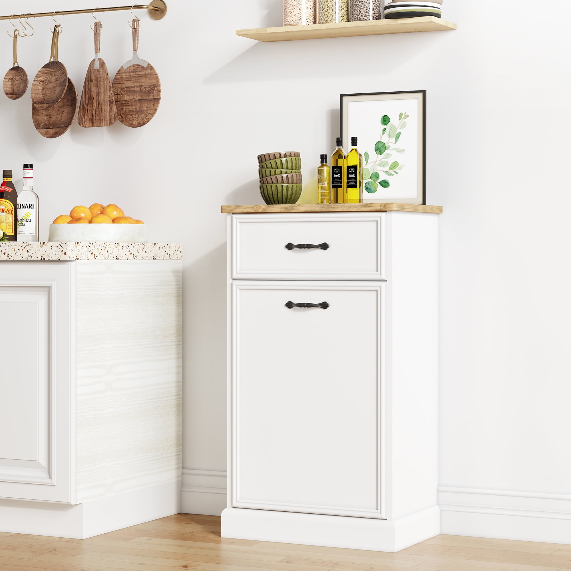 KATIDAP Kitchen Trash Cabinet Tilt Out Free Standing Storage Can, Wood ...