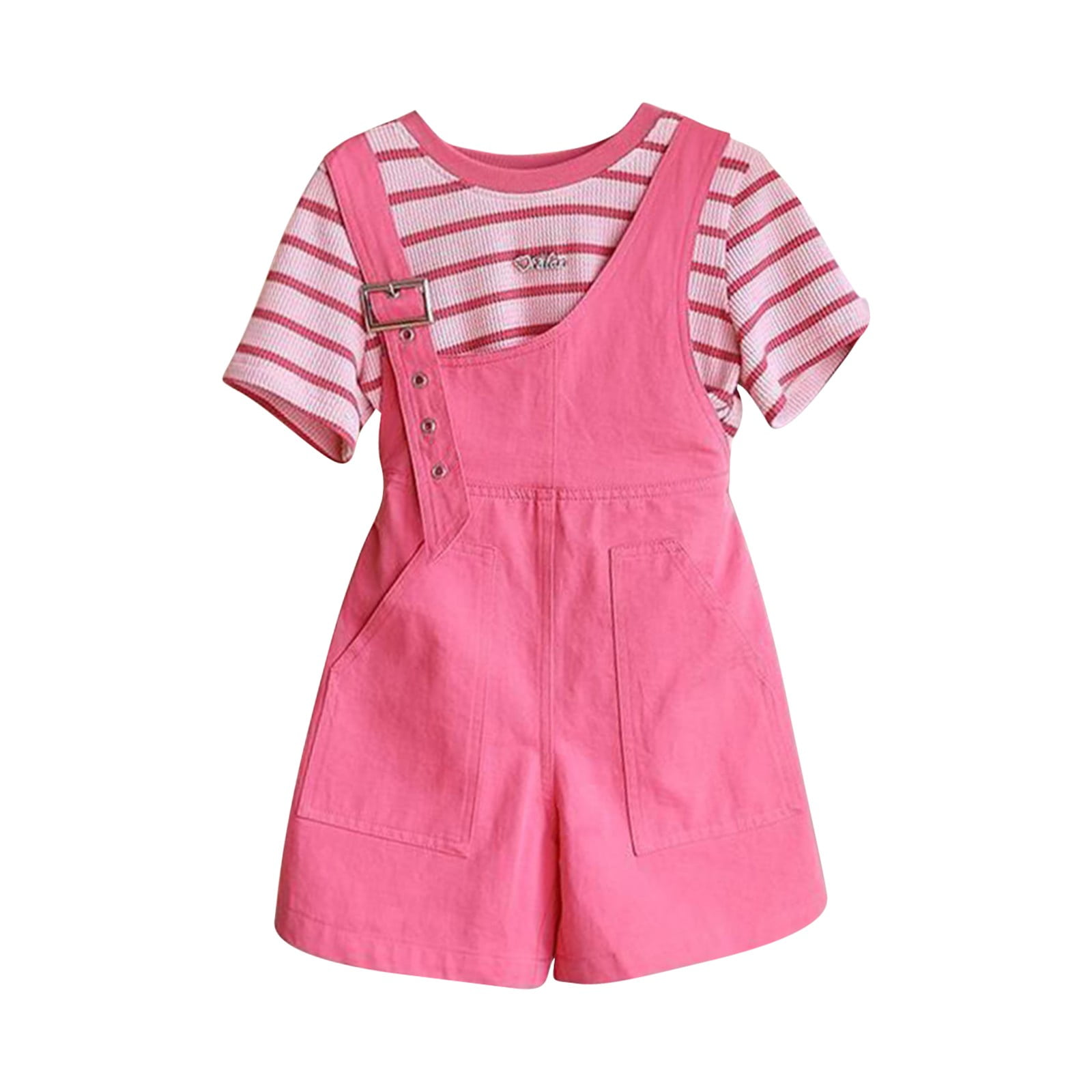 KAUOD Children and Girls Suspenders Kit Round Neck Short Sleeve Top Suspenders Kit Teens ...