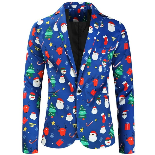 KAUOD Christmas Blazer for Mens, Ugly Xmas Santa Claus Snowflake Print ...