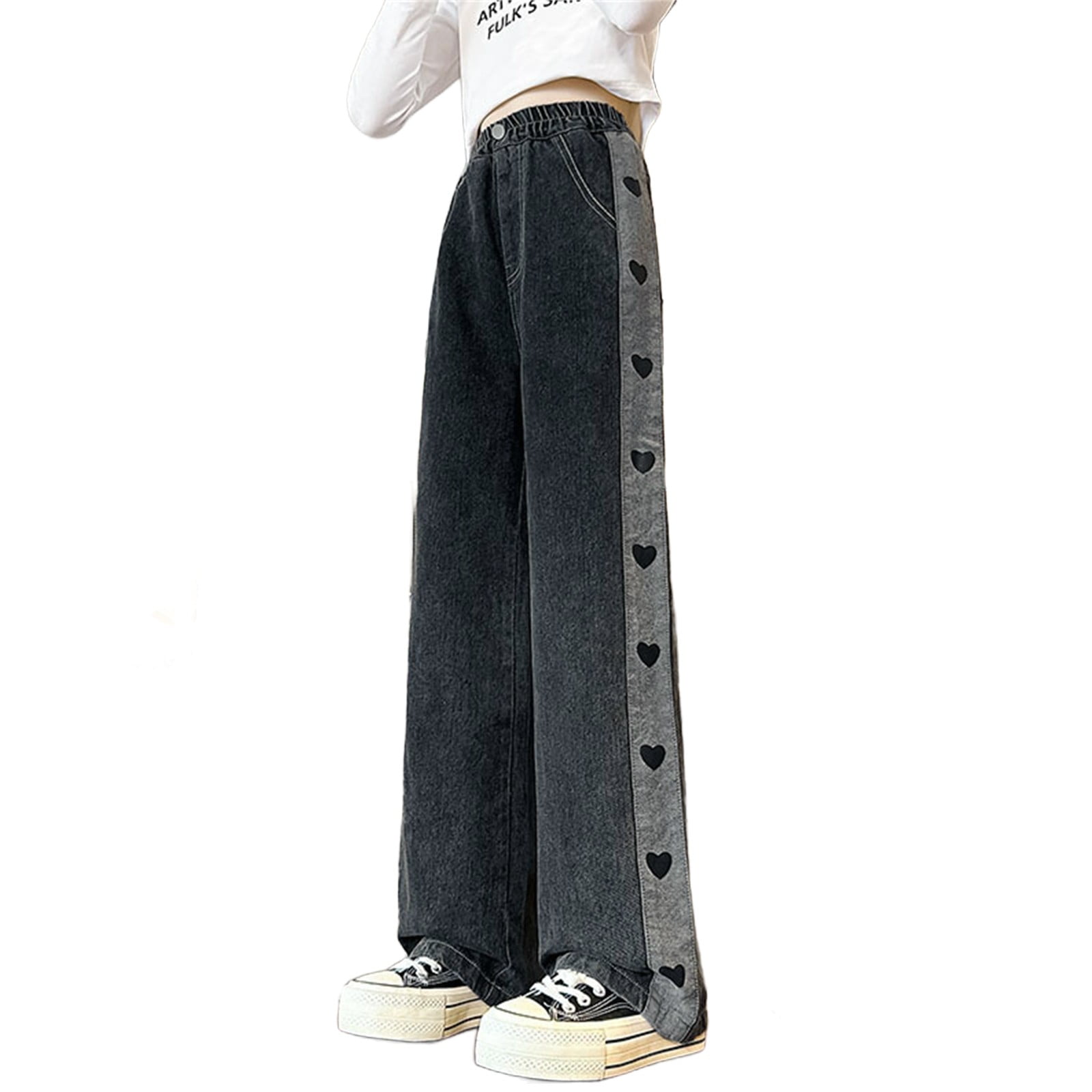 KAUOD Cute Jeans for Teen Girls Y2K Heart Baggy Jeans High Elastic ...
