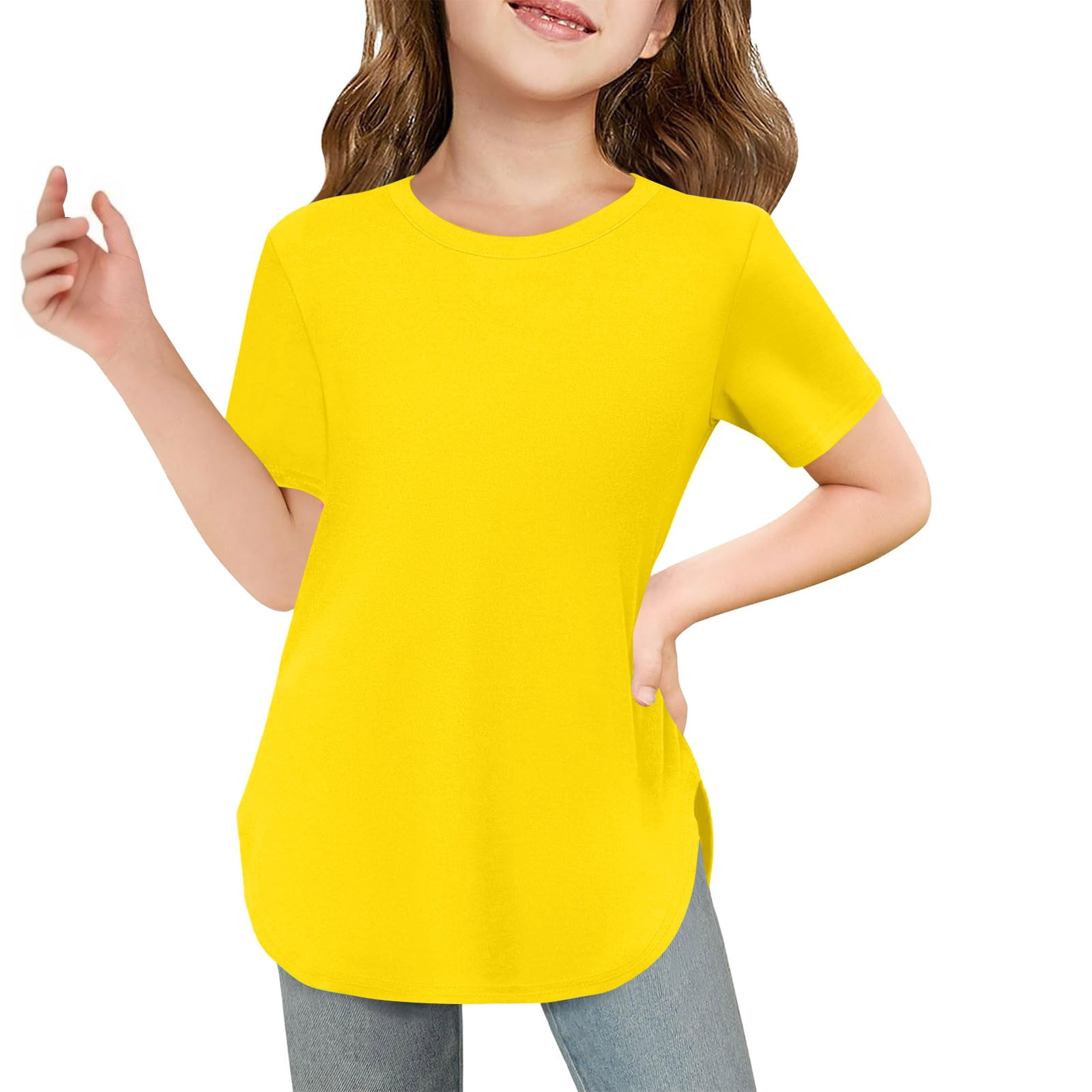KAUOD Girls Curve Hem Short Sleeve Shirt Side Slit Casual Crewneck Soft ...