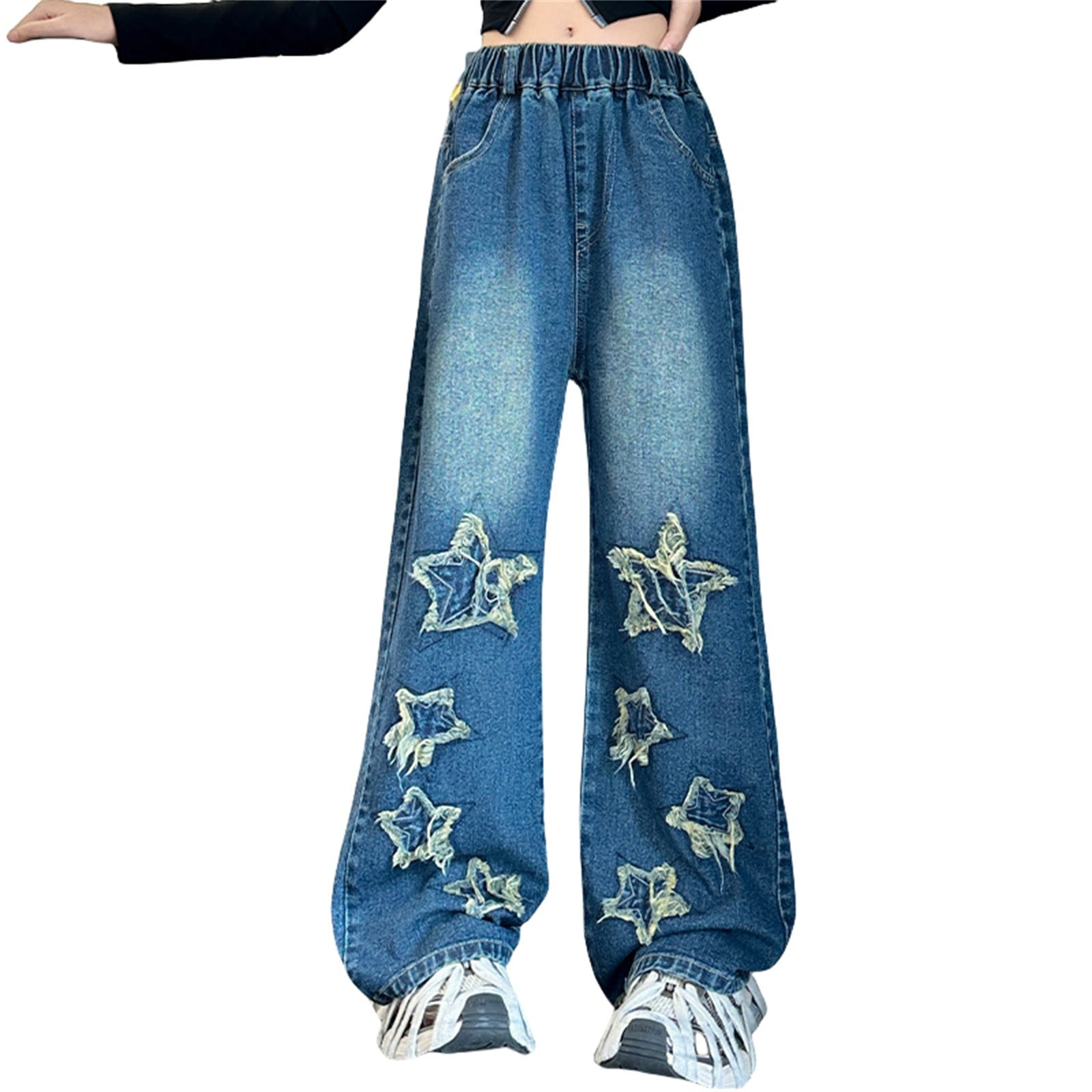 KAUOD Girls Straight Wide Leg Jeans Cute Star Applique Y2k Denim ...