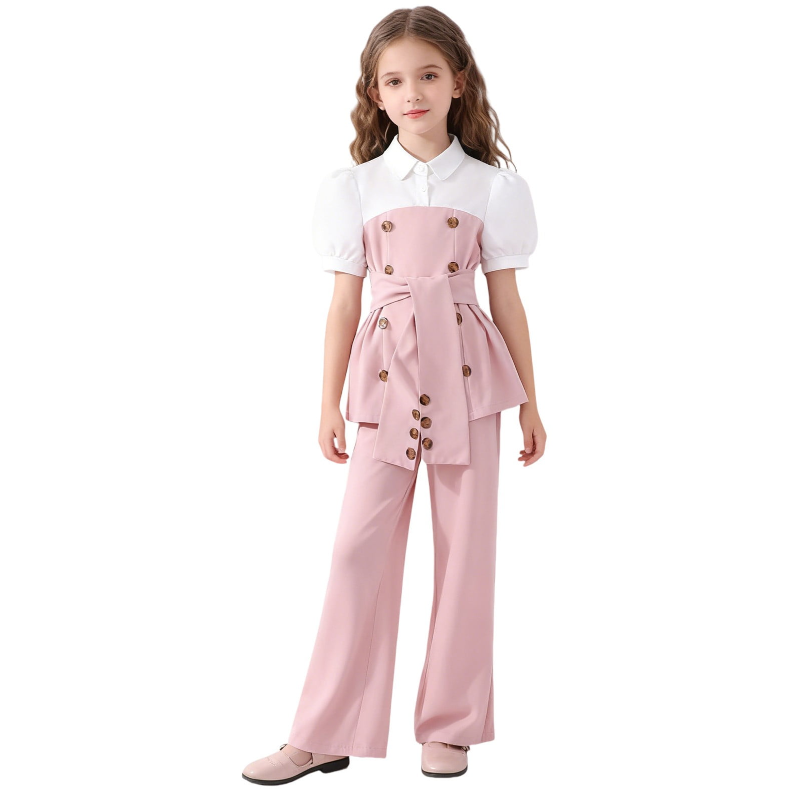 KAUOD Girls Summer Outfits 2 Piece Puff Sleeve Belted Lapel Blouse Top ...