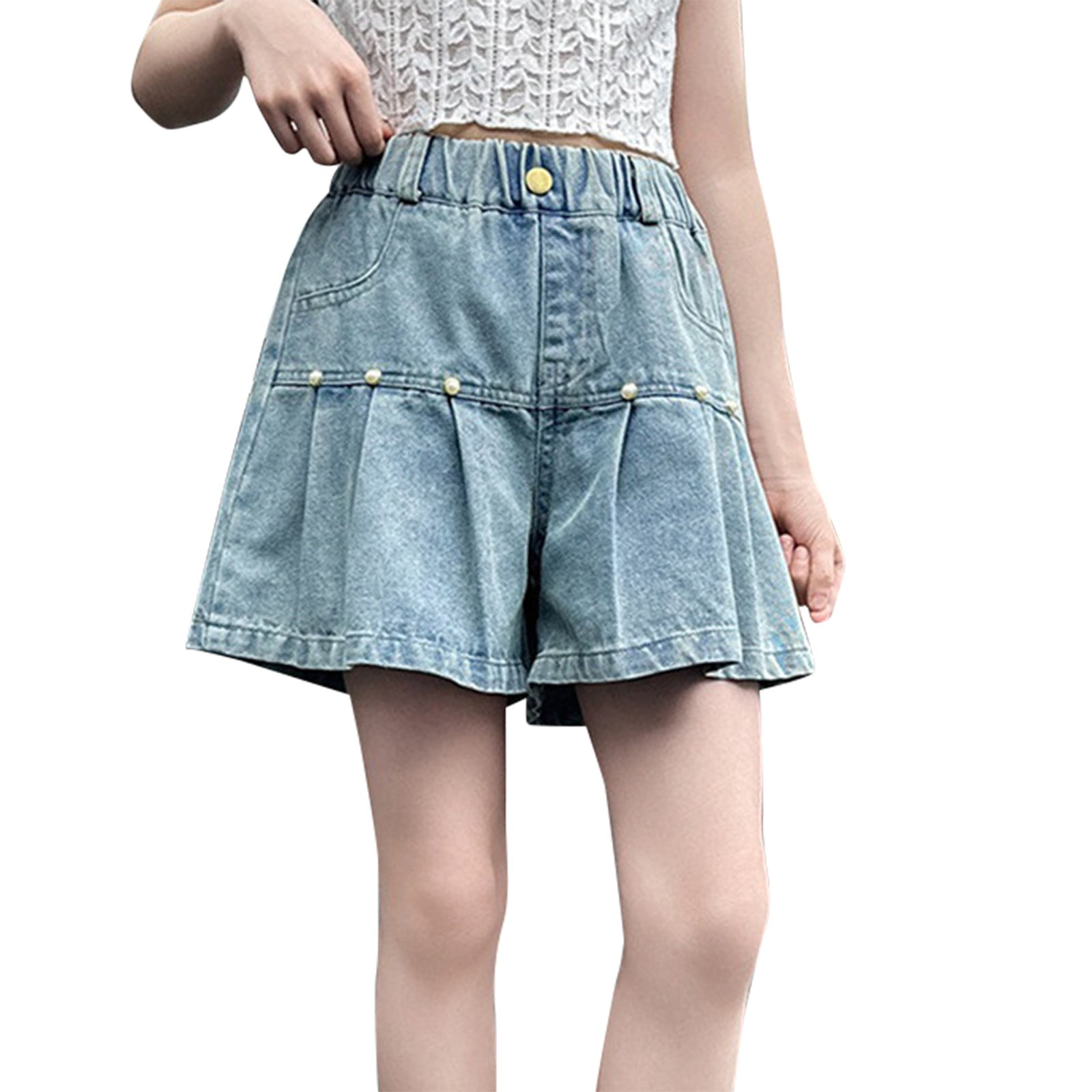 KAUOD Girls Y2k Ruffle Jean Shorts Teens Casual Wide Leg Elastic Waist ...