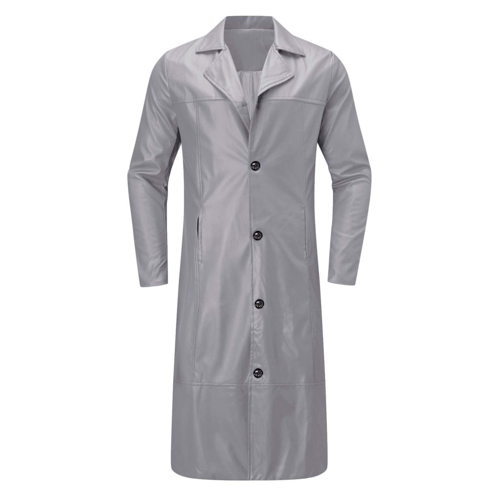 KAUOD Mens Retro Leather Jacket Long Overcoat Long Sleeve Open Front ...