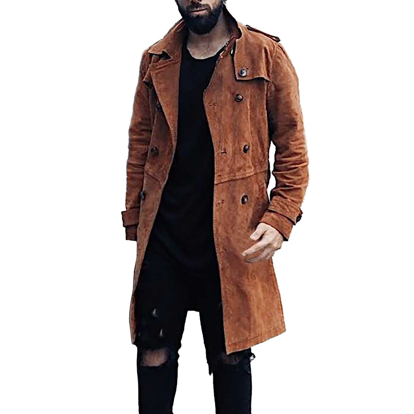 KAUOD Mens Trench Coat Mid Long Double Breasted Slim Fit Vintage ...