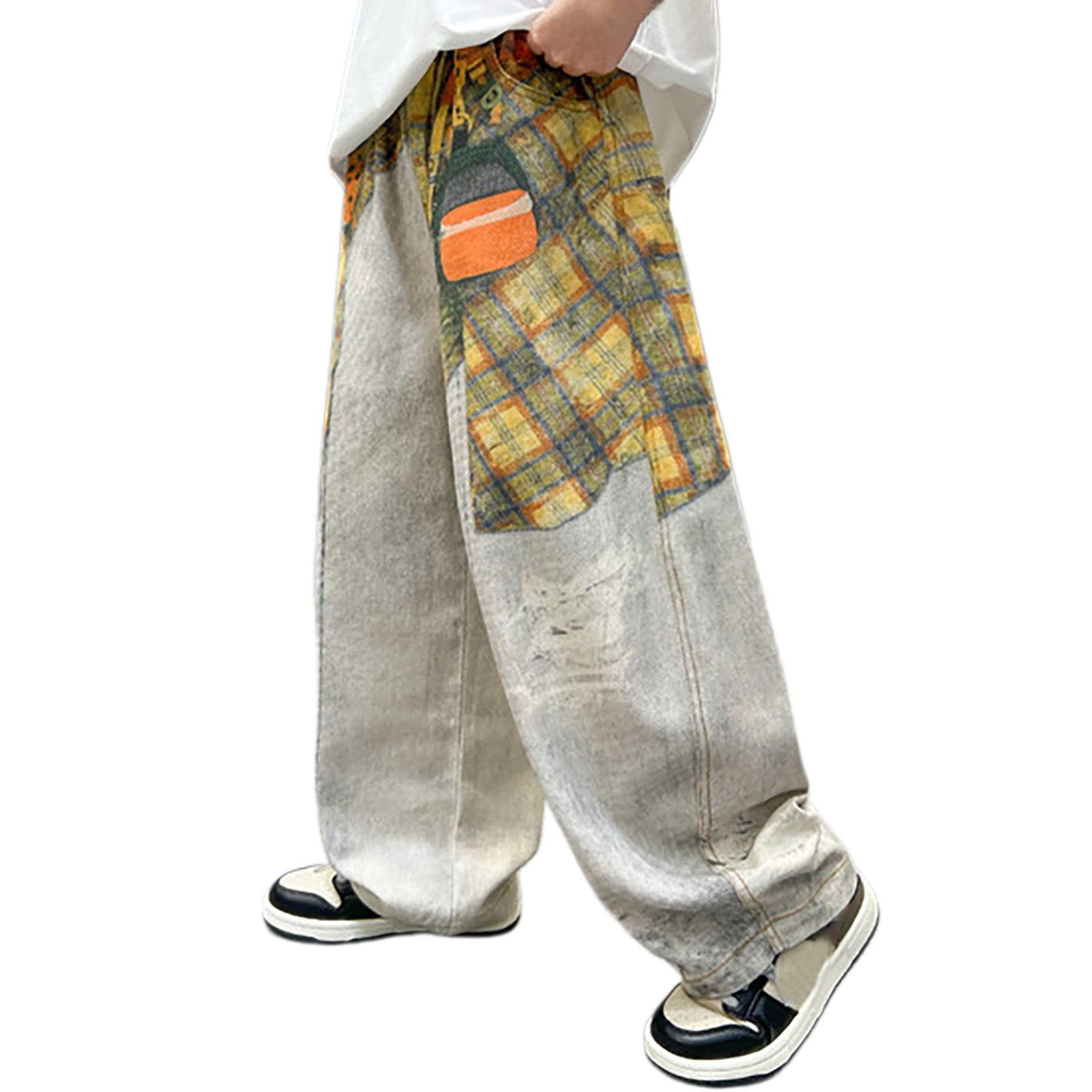 KAUOD Patchwork Baggy Jeans for Teen Boys Kids Tartan Patch Wide Leg ...