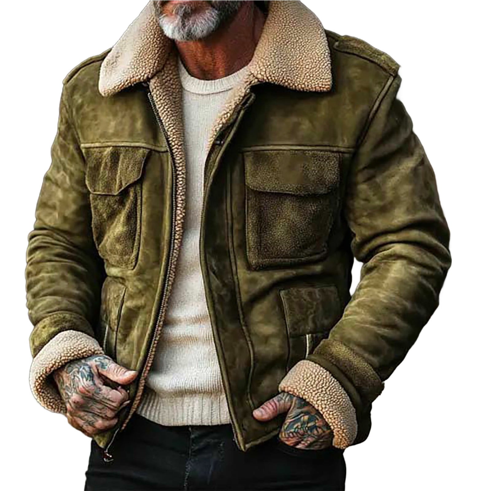 KAUOD Sherpa Lined Leather Jacket for Men Vintage Suede Pocket Plush ...