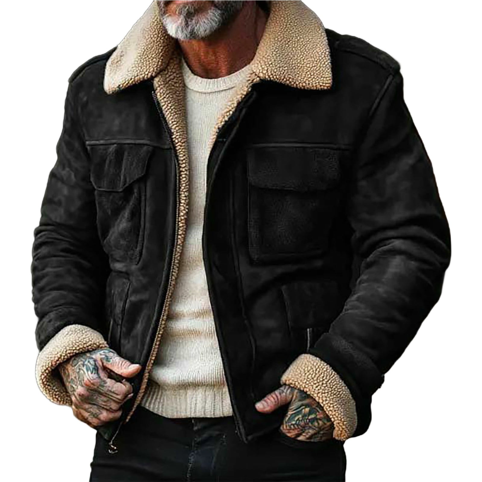 KAUOD Sherpa Lined Leather Jacket for Men Vintage Suede Pocket Plush Reversed Collar Mens ...