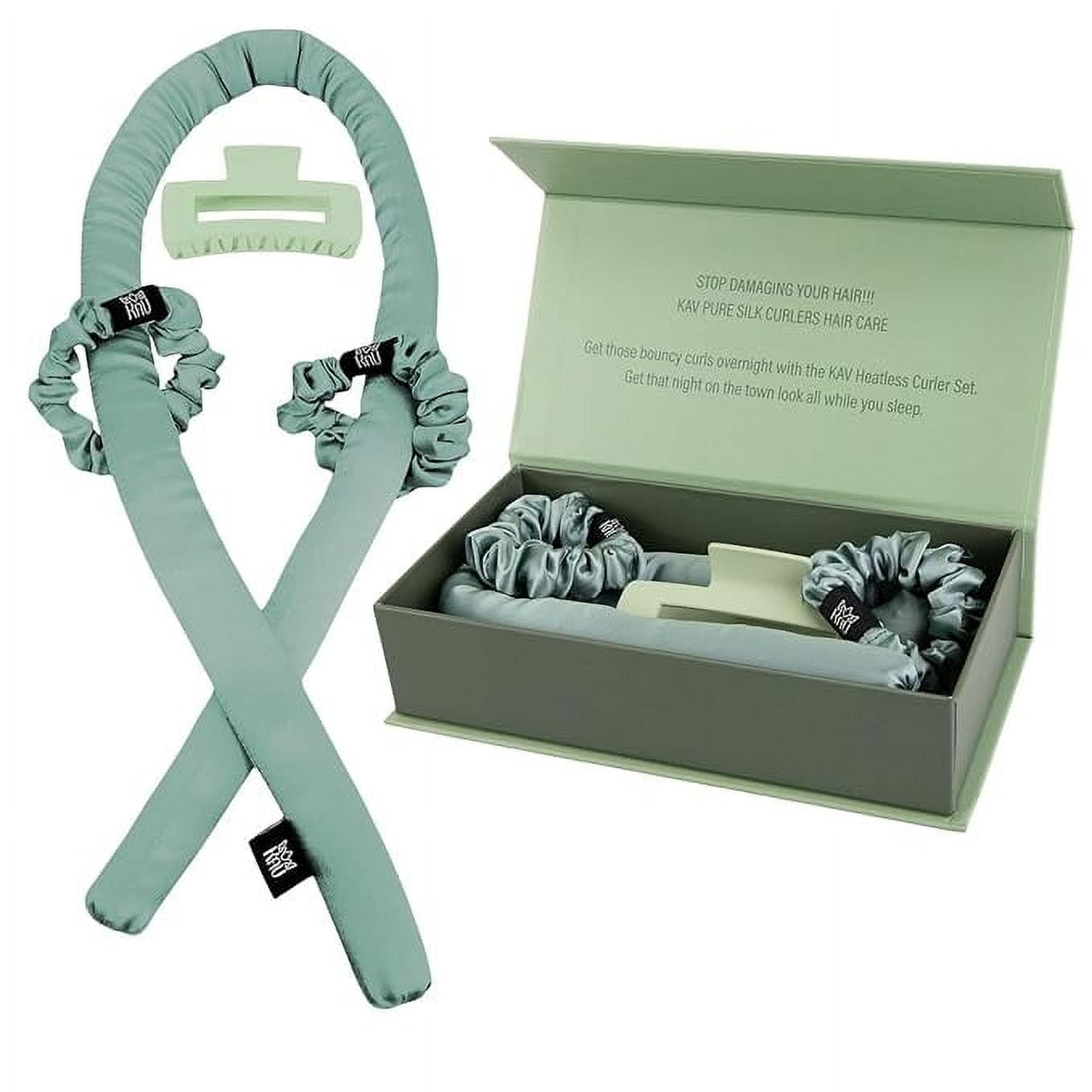 KAV Silk Heatless Curling Rod with Clip and Scrunchie Set, Green ...