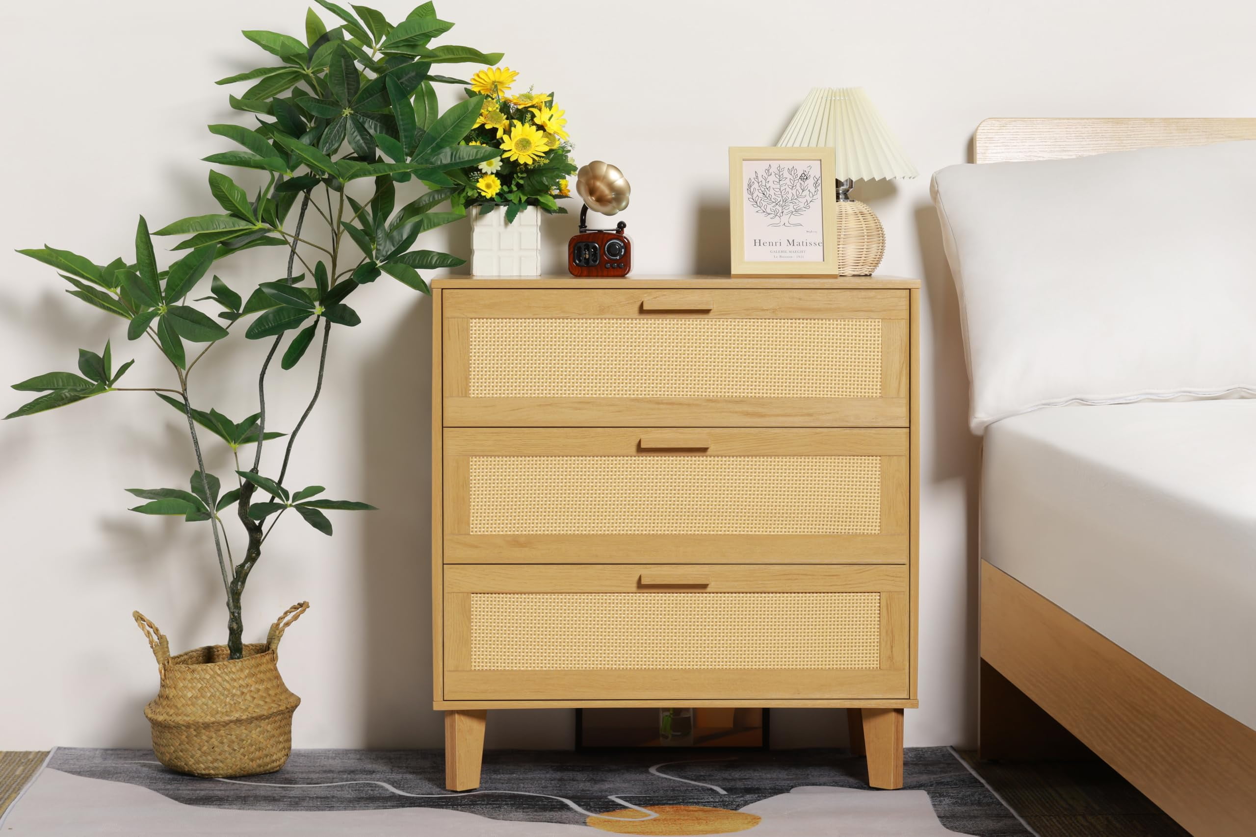 KAWELL 3 Drawer Dresser for Bedroom,Rattan Dresser, Boho Nightstand ...