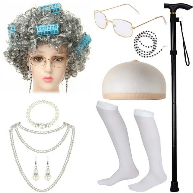 KAWELL 9 pcs Old Lady Costume for Kids 100 Days of School Costume ...