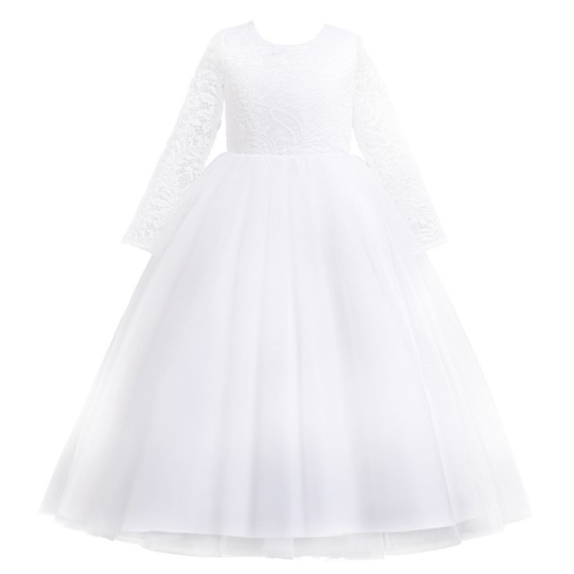 Kawell Flower Girl Dress Long Sleeve Lace Top Tulle Dress Girls