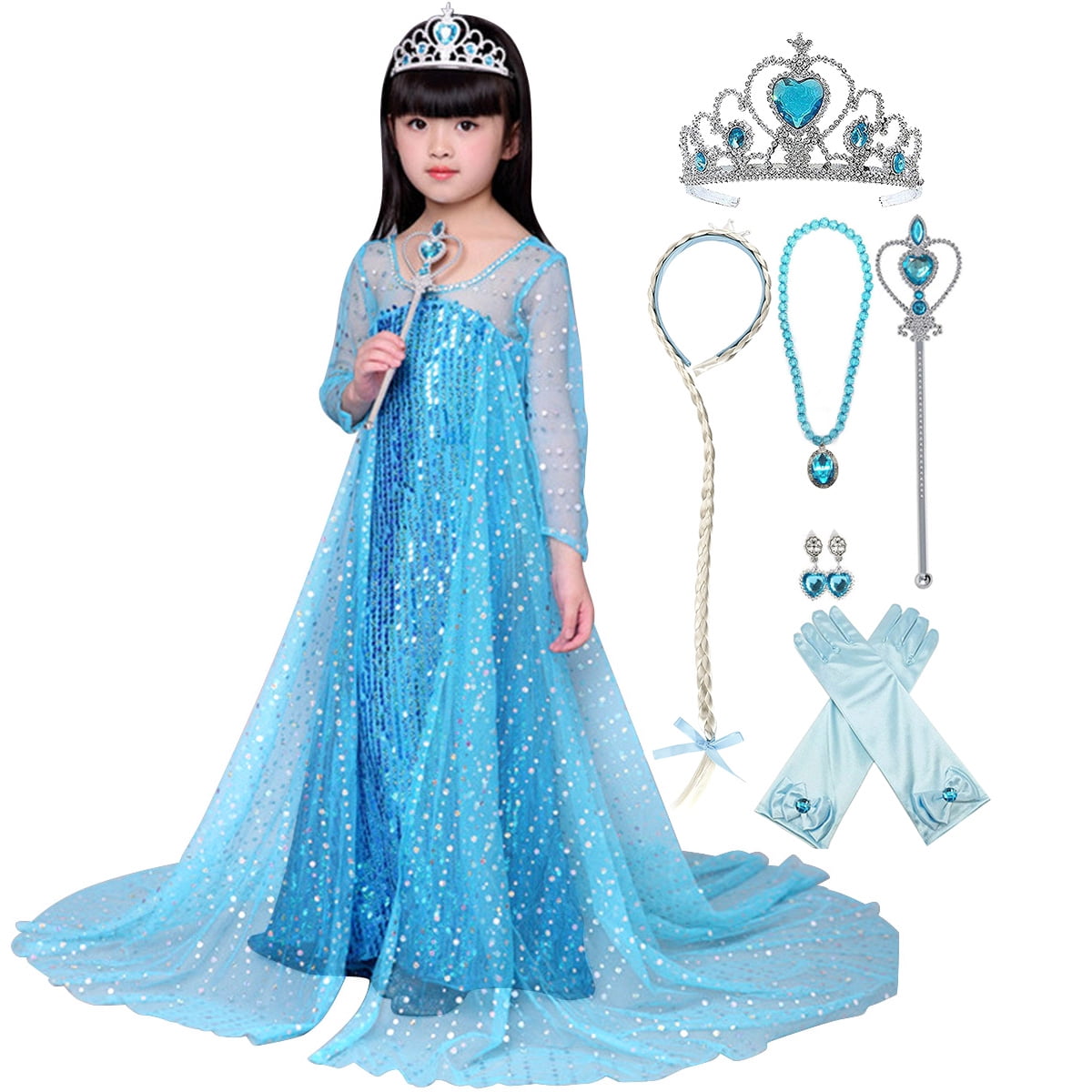 KAWELL Girls Princess Elsa Anna Costume Birthday Party Christmas Halloween Fancy Dress up With ...
