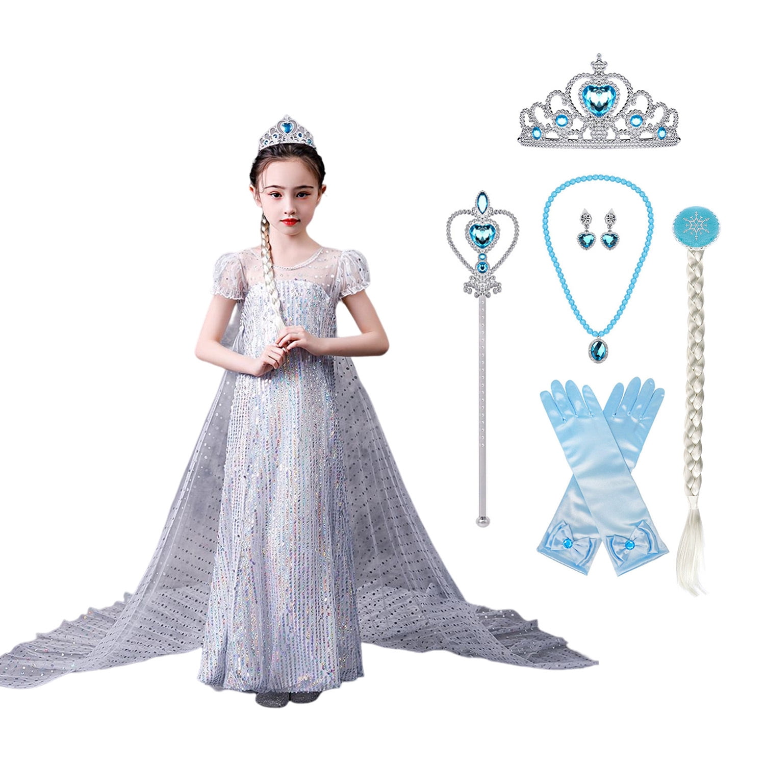 KAWELL Girls' Snow Party Dress Queen Blue Dress Princess Role Play ...