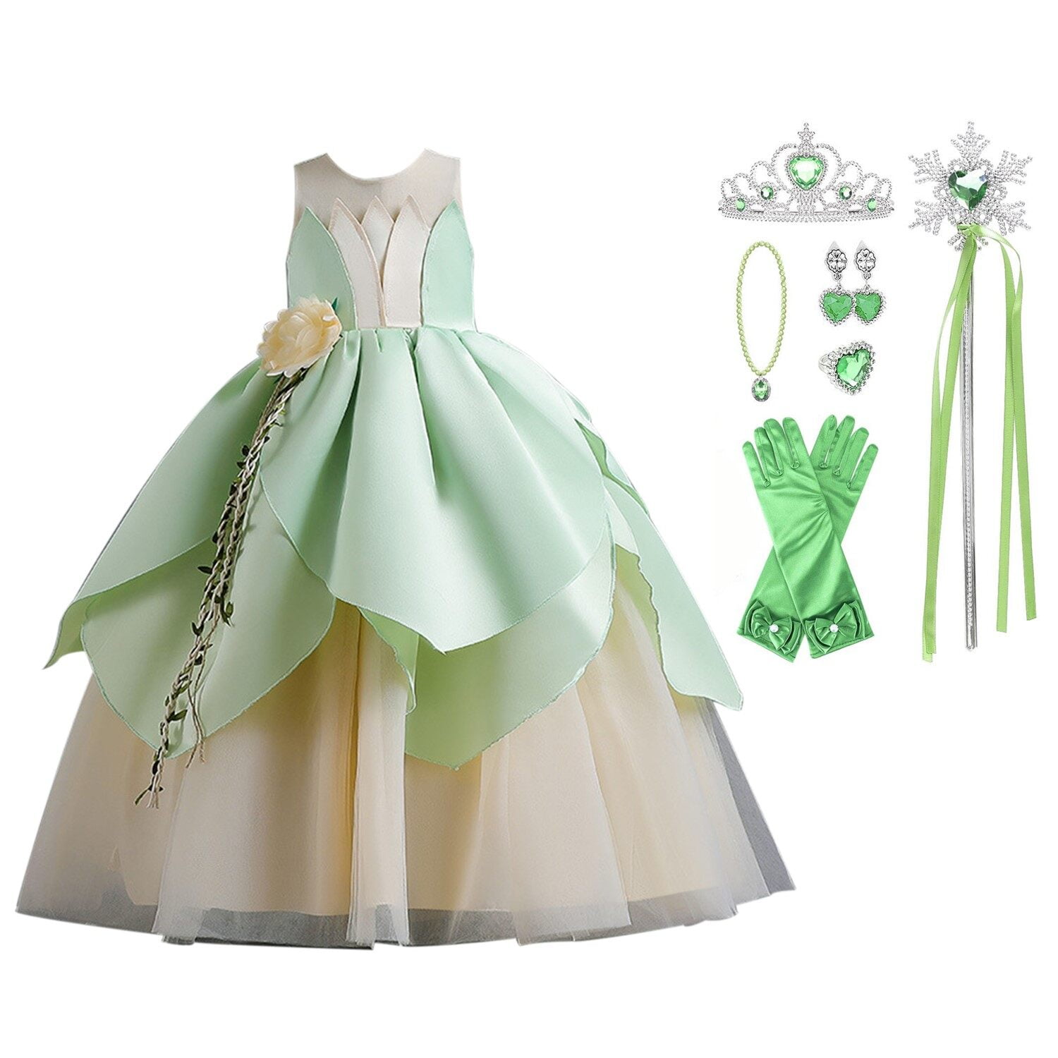KAWELL Princess Tiana Costume for Girls Birthday Halloween Dress Up ...